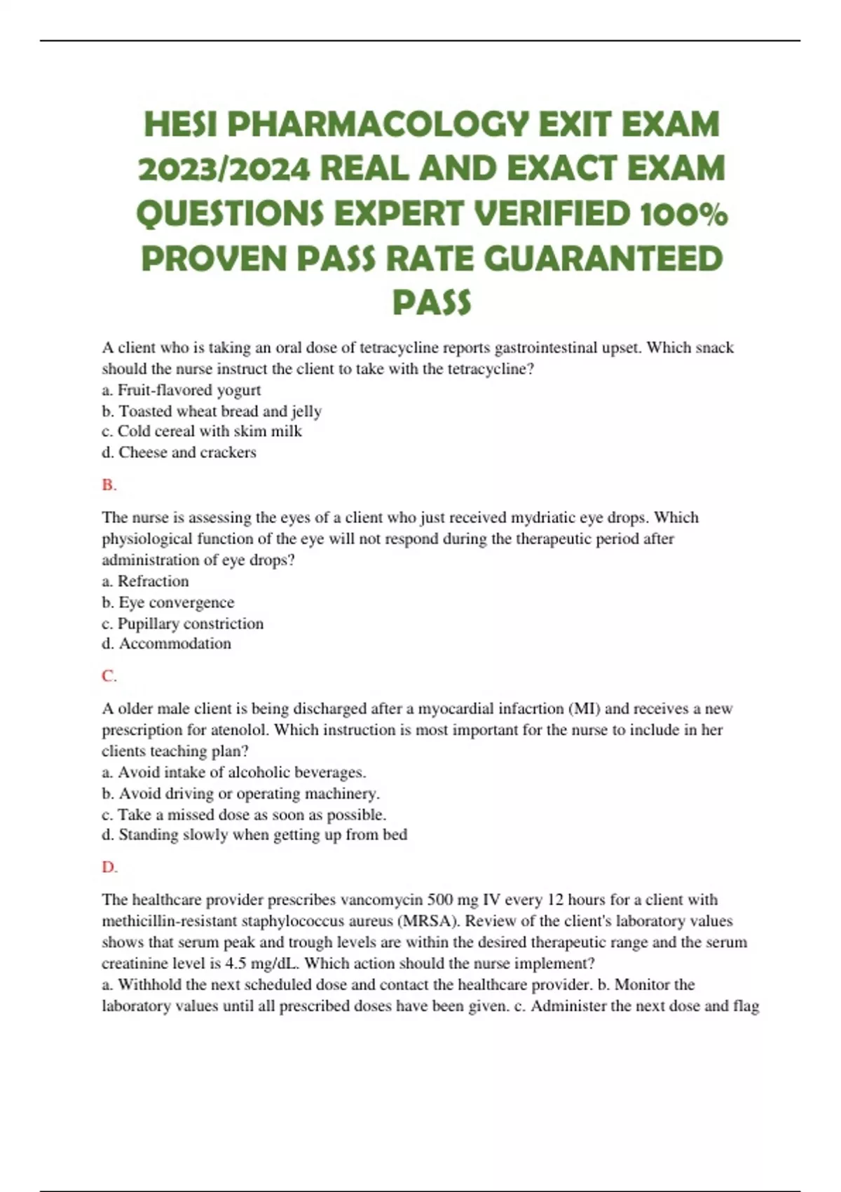 HESI PHARMACOLOGY EXIT EXAM 2023/2024 REAL AND EXACT EXAM QUESTIONS ...