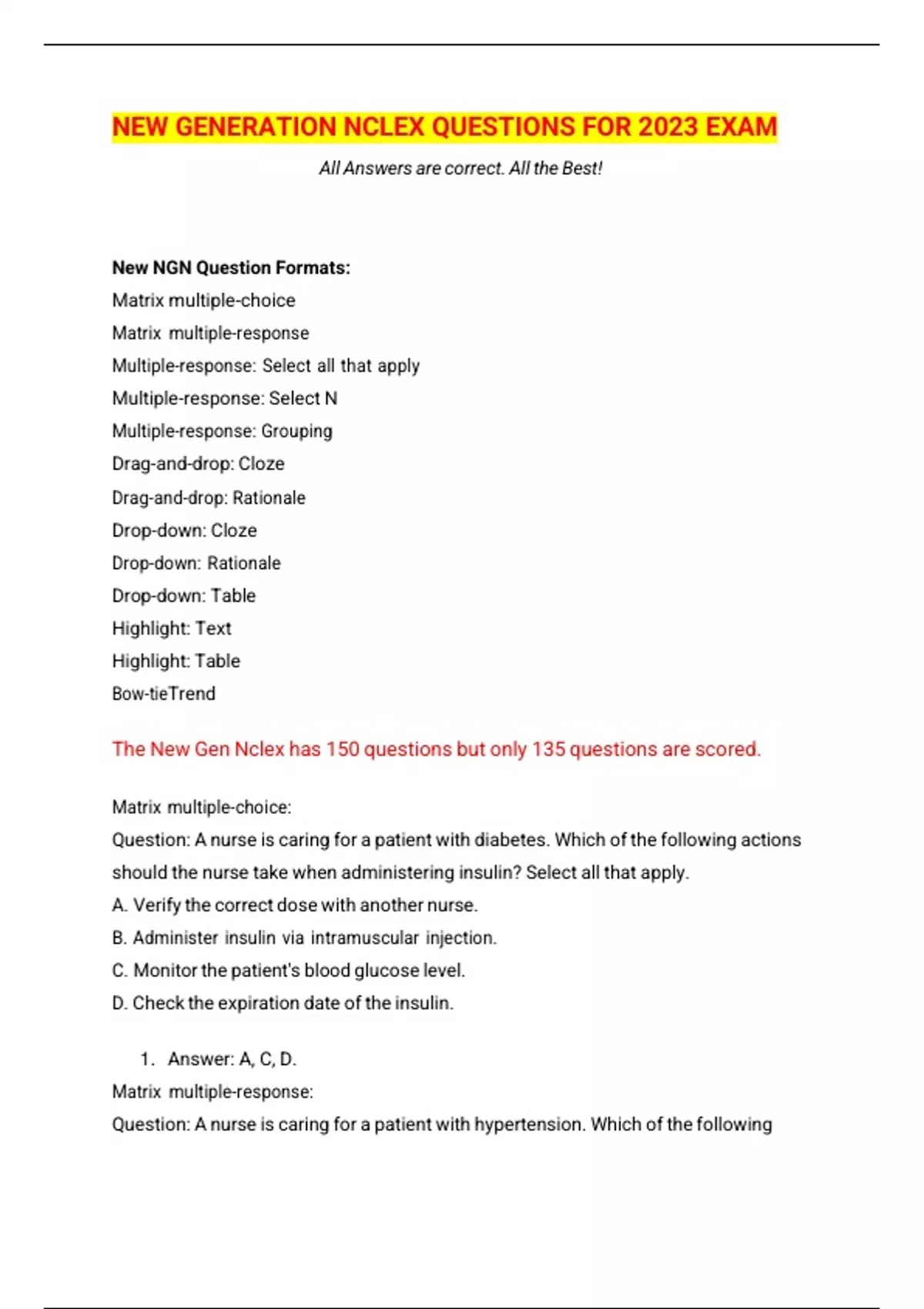 NCLEX NEW GENERATION NCLEX QUESTIONS FOR 2023 EXAM - NCLEX - Stuvia US