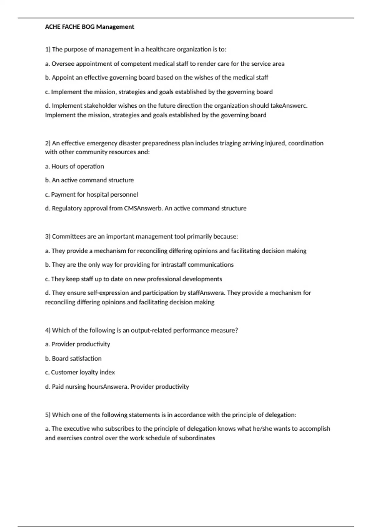 ACHE FACHE BOG Management Questions & Answers with Correct Solutions ...
