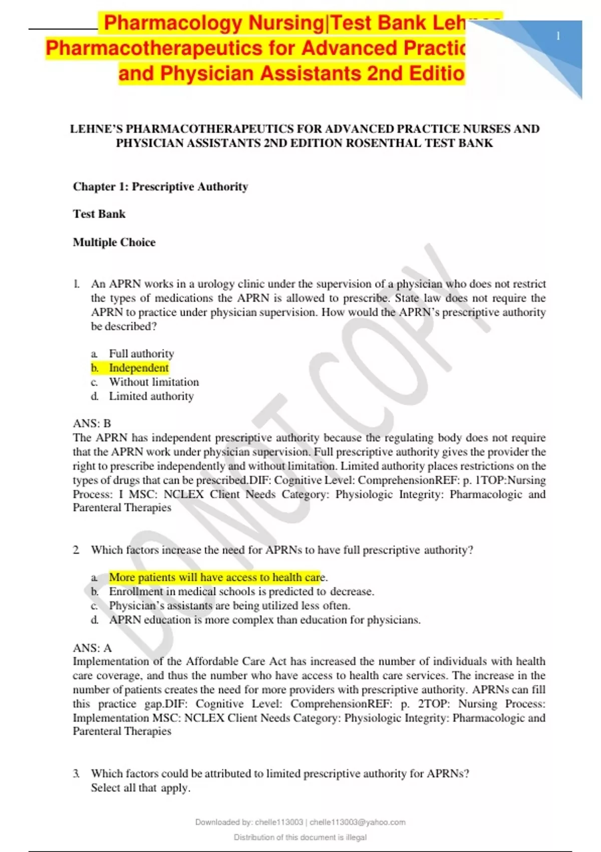 Pharmacology Nursing|Test Bank Lehnes Pharmacotherapeutics for Advanced ...