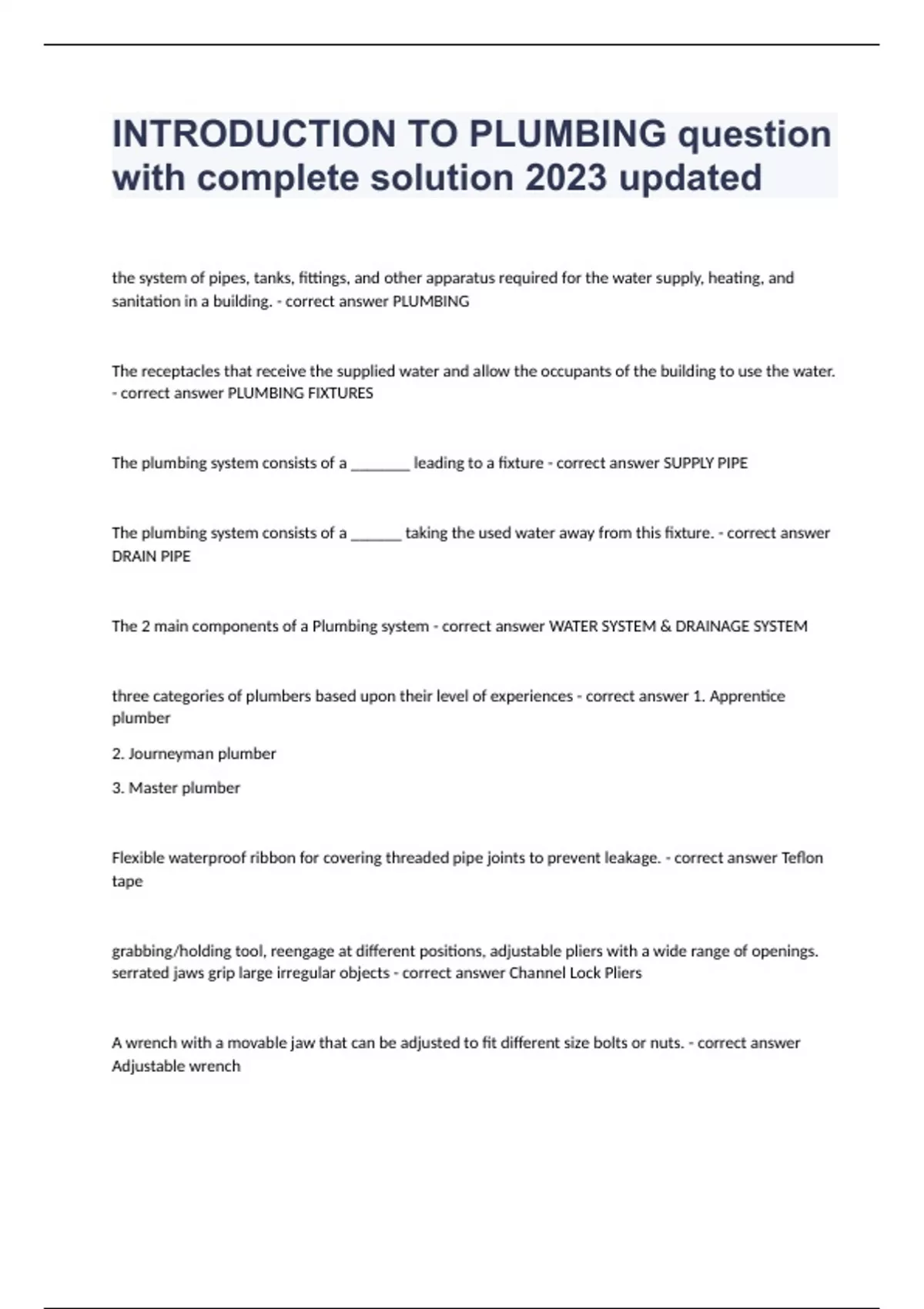 INTRODUCTION TO PLUMBING question with complete solution 2023 updated ...