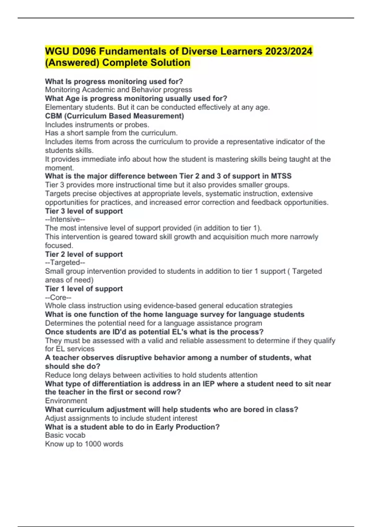 WGU D096 Fundamentals of Diverse Learners 2023/2024 (Answered) Complete ...