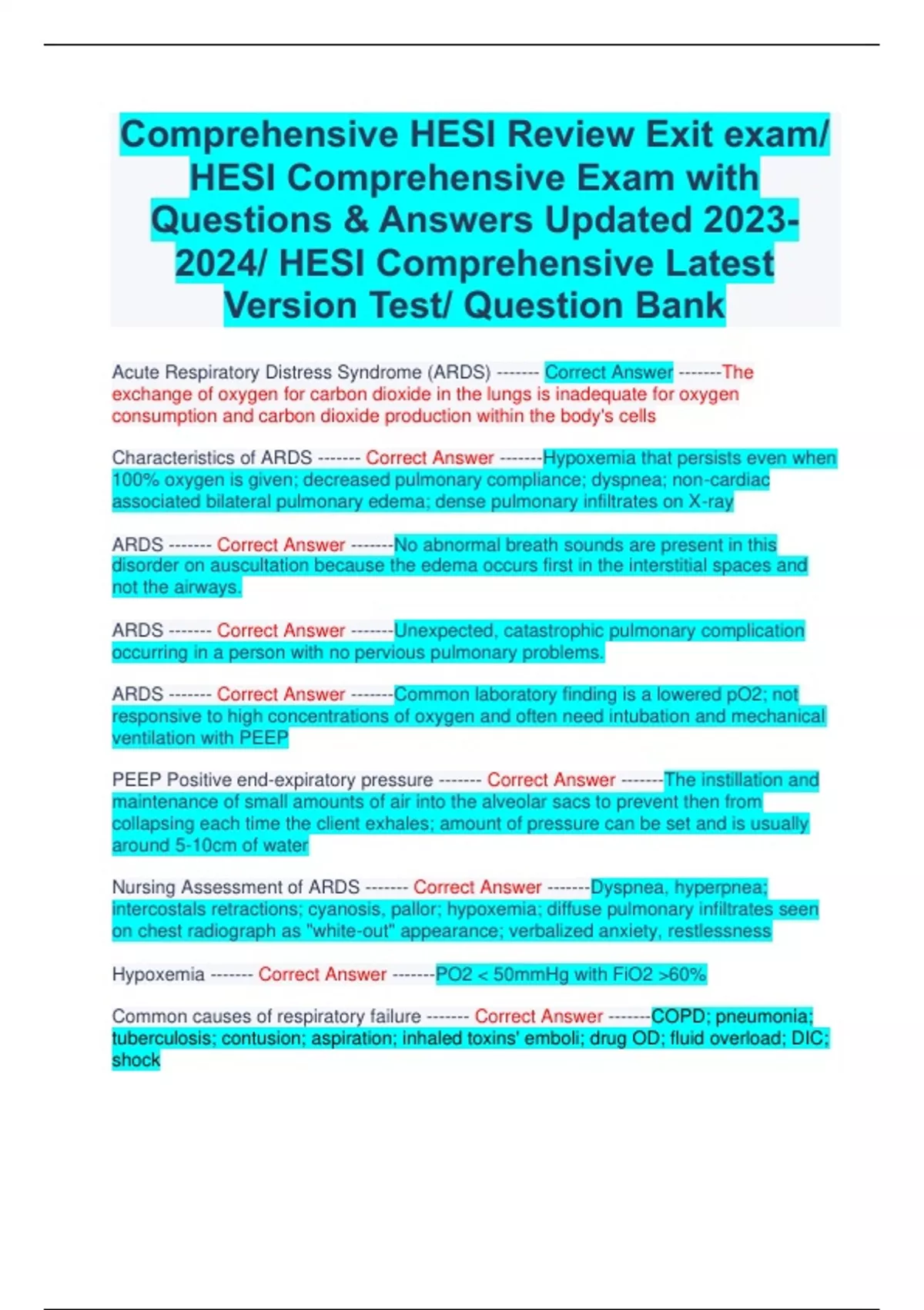 Comprehensive HESI Review Exit exam/ HESI Comprehensive Exam with ...