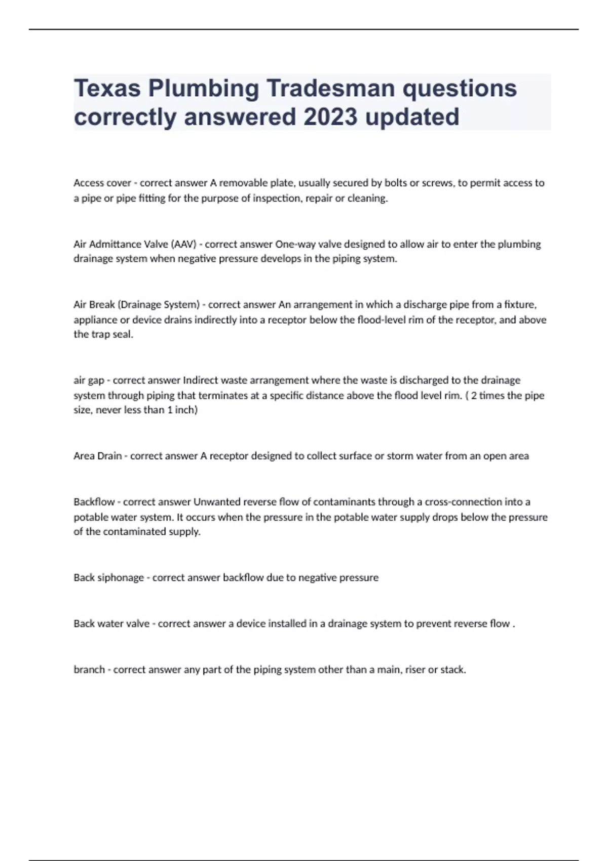 Texas Plumbing Tradesman questions correctly answered 2023 updated ...