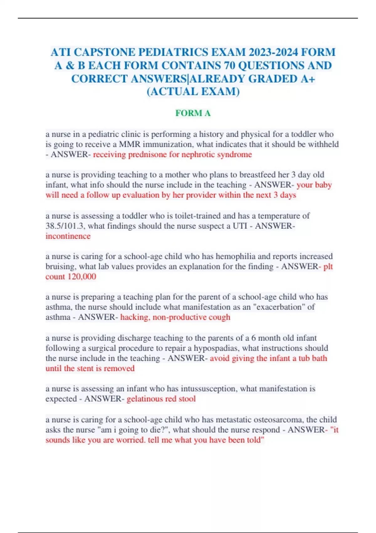 ATI CAPSTONE PEDIATRICS EXAM FORM A & B EACH FORM CONTAINS 70 QUESTIONS ...