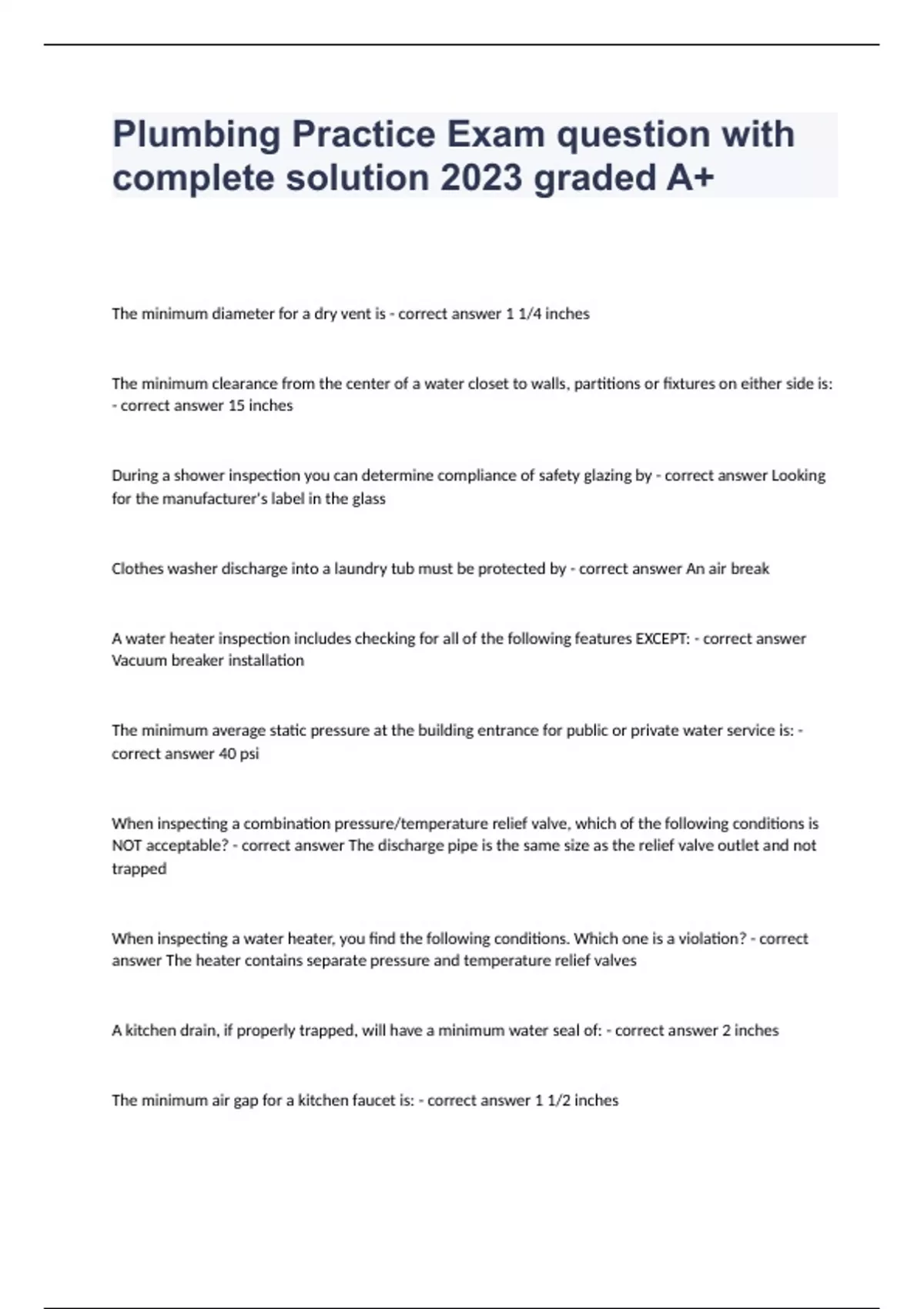 Plumbing Practice Exam question with complete solution 2023 graded A+ ...