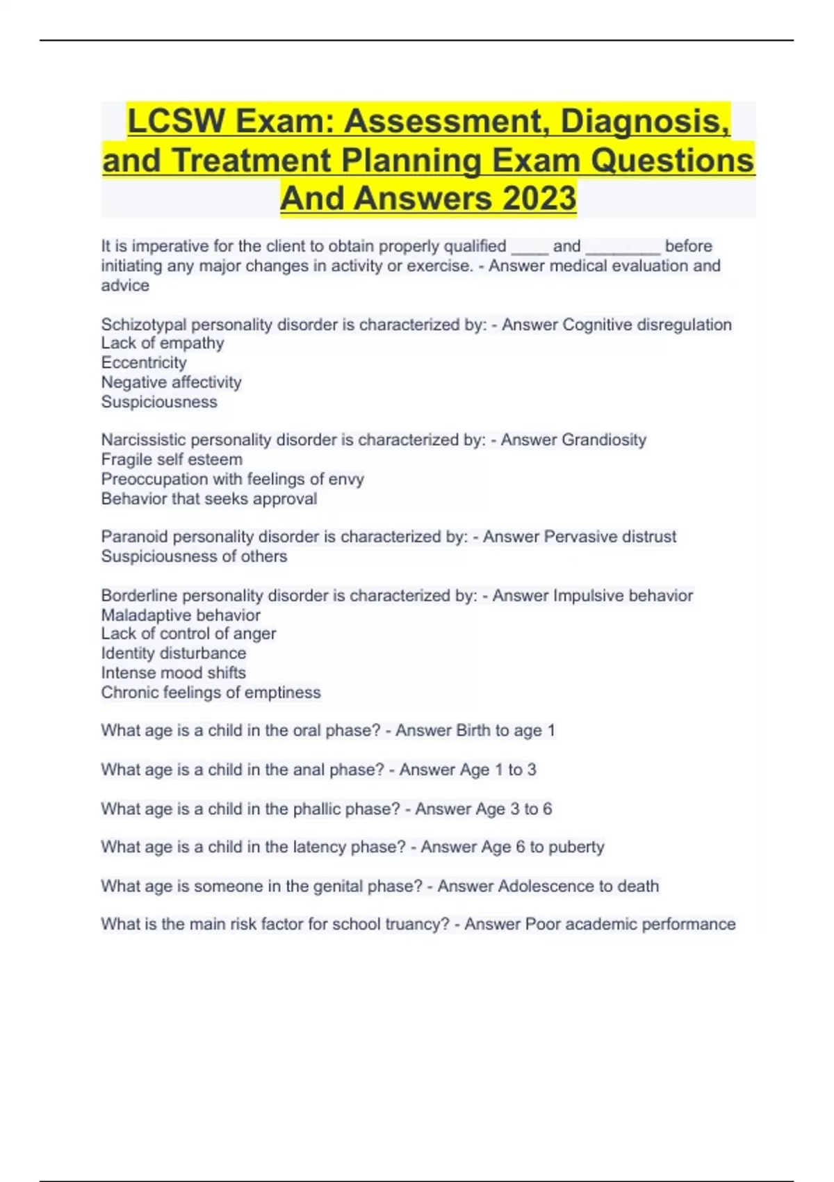 LCSW Final Exam Prep Questions With Correct Answers 2023 55 OFF