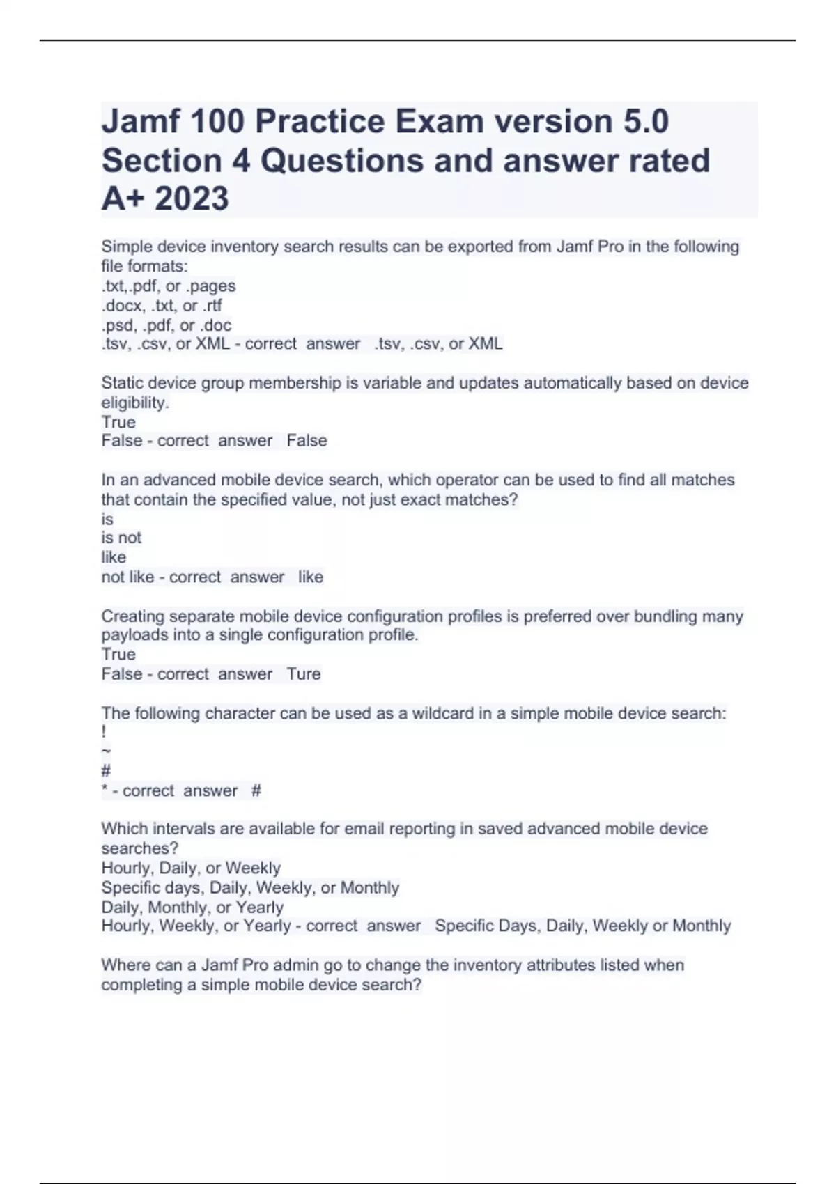 Jamf 100 Practice Exam version 5.0 Section 4 Questions and answer rated ...