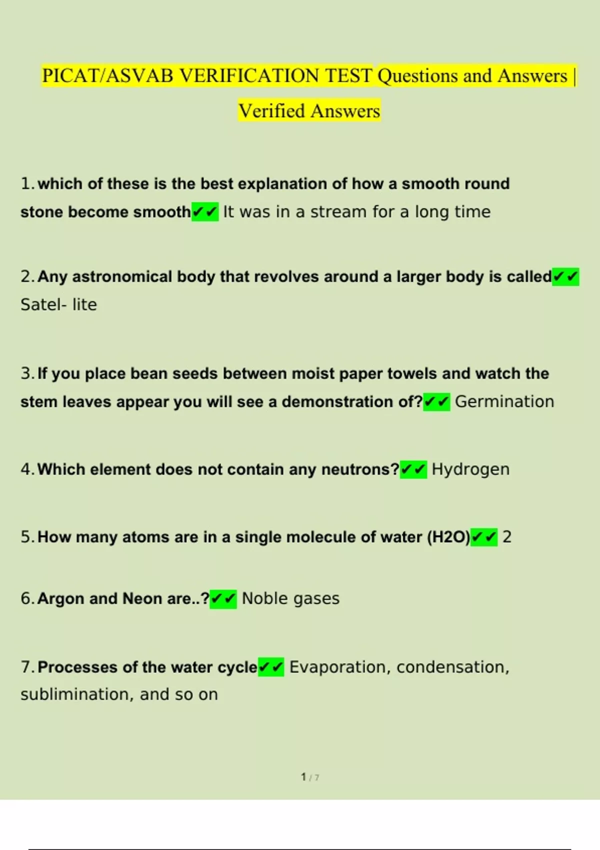 PICAT/ASVAB Verification TEST Questions and Answers 2023 (100% Verified ...