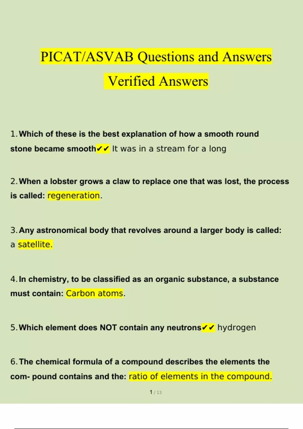 PICAT/ASVAB TEST Questions and Answers 2025/2026 (100% Verified Answers ...