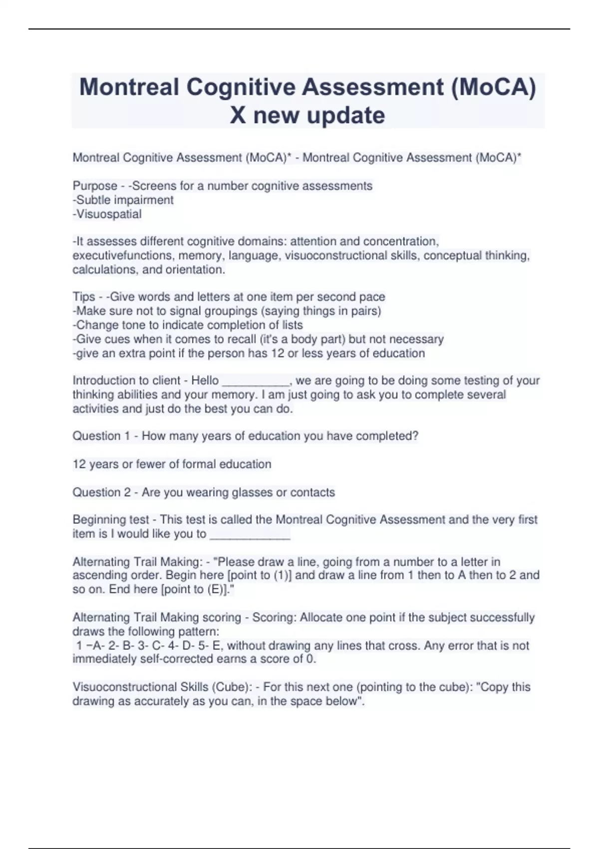 Montreal Cognitive Assessment (MoCA) X new update - Montreal Cognitive Assessment - Stuvia US