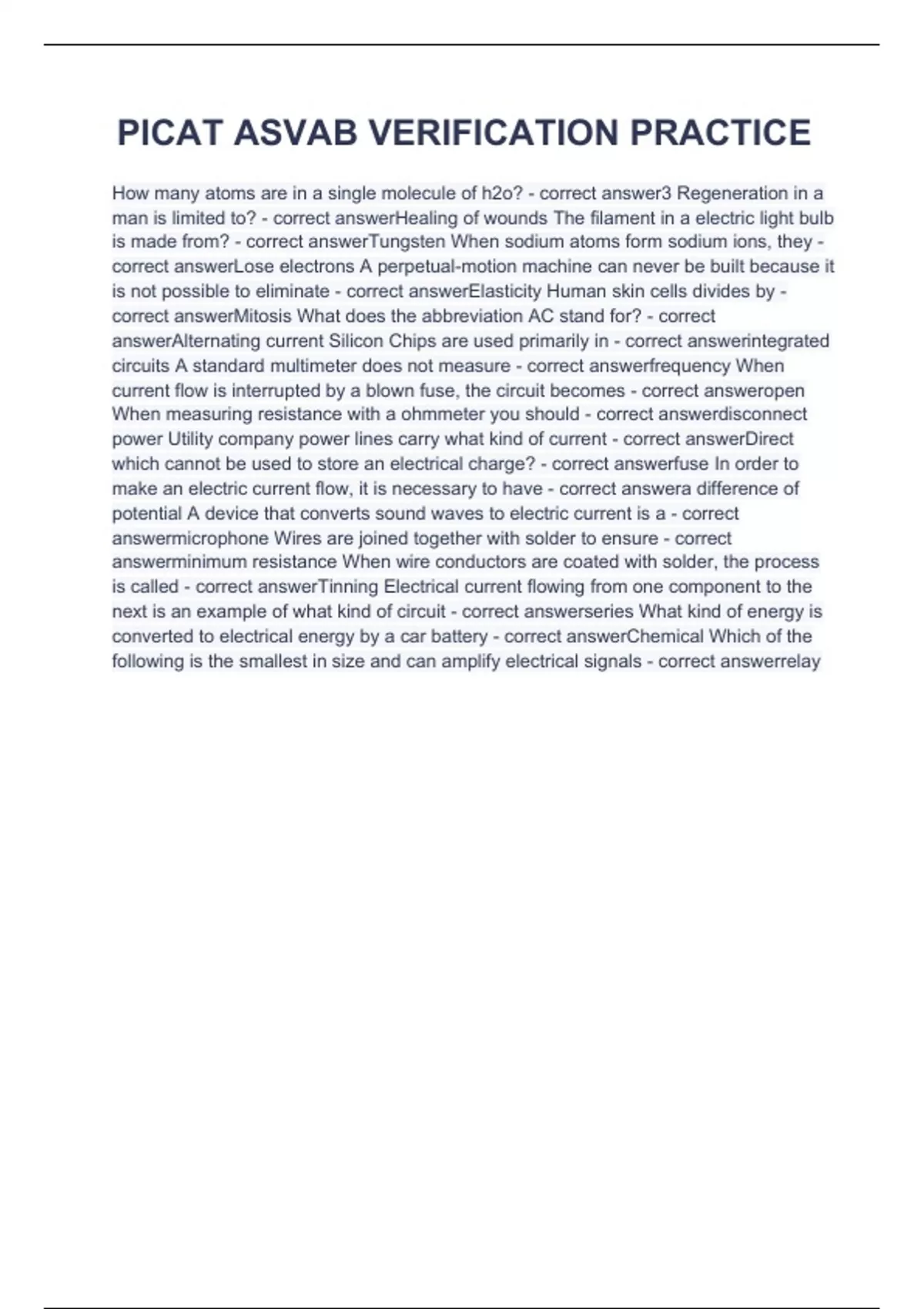 PICAT ASVAB VERIFICATION PRACTICE with correct answers - PICAT ASVAB VERIFICATION PRACTICE ...