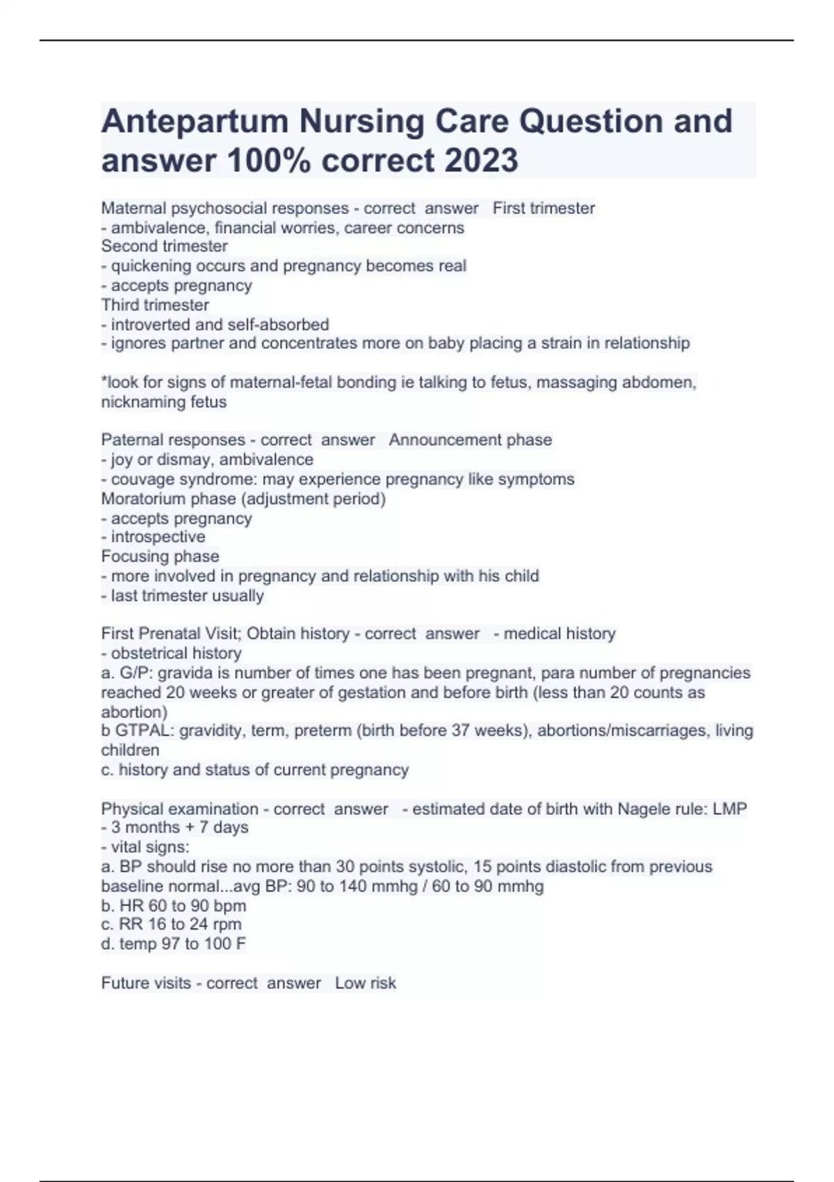 Antepartum Nursing Care Question and answer 100% correct 2023 ...