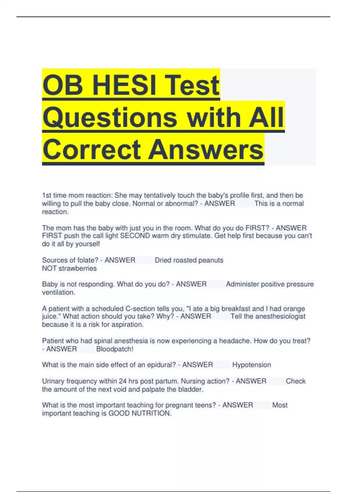 OB HESI Test Questions with All Correct Answers - OB HESI - Stuvia US