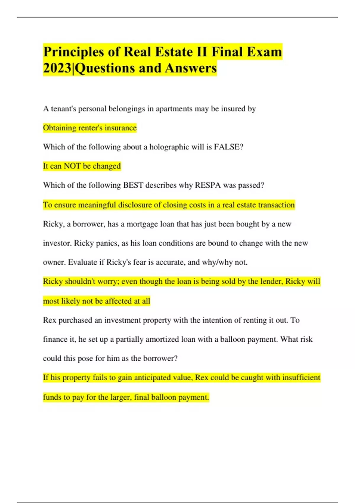 Principles of Real Estate II Final Exam 2023|Questions and Answers ...