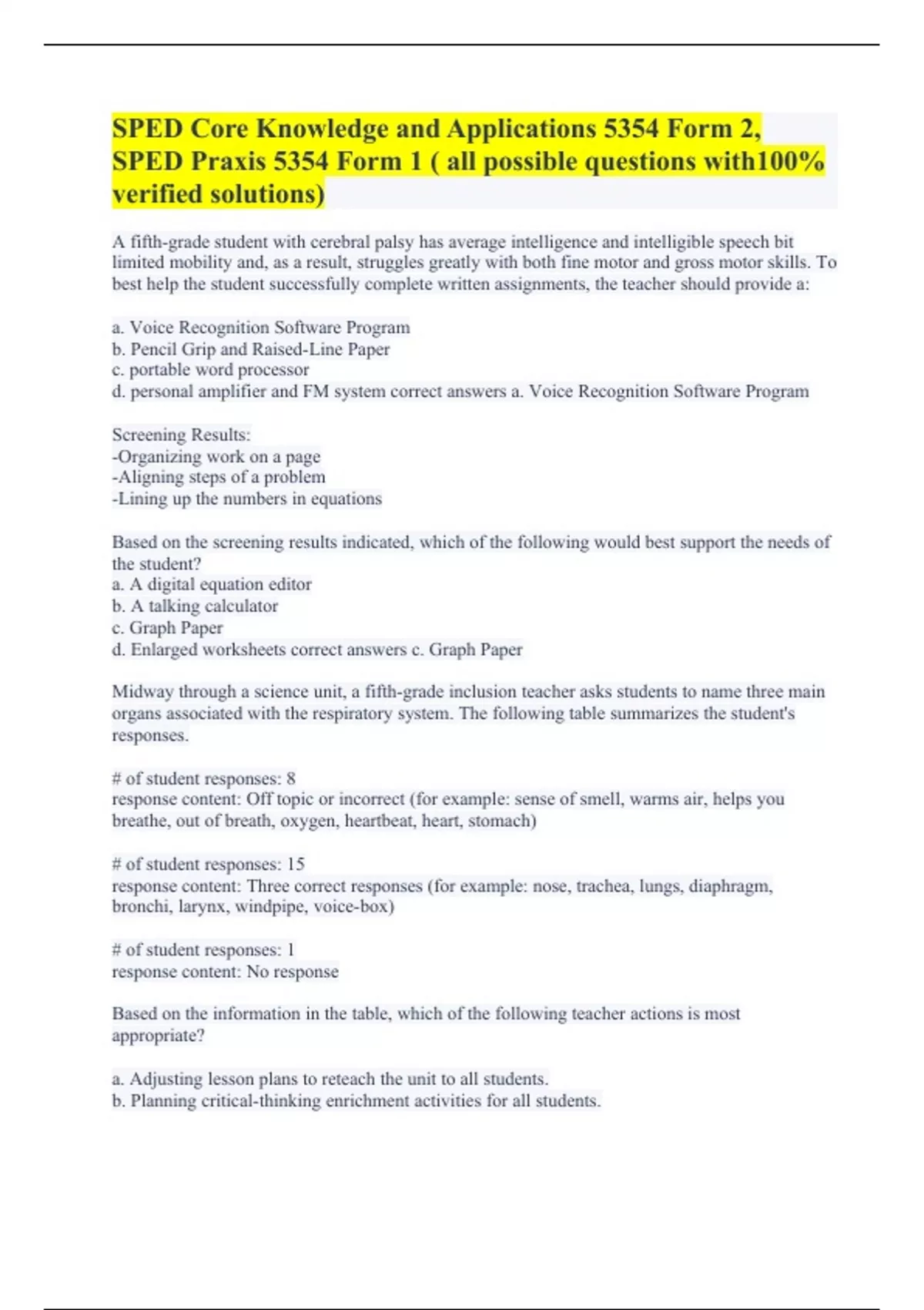 SPED Core Knowledge and Applications 5354 Form 2, SPED Praxis 5354 Form ...