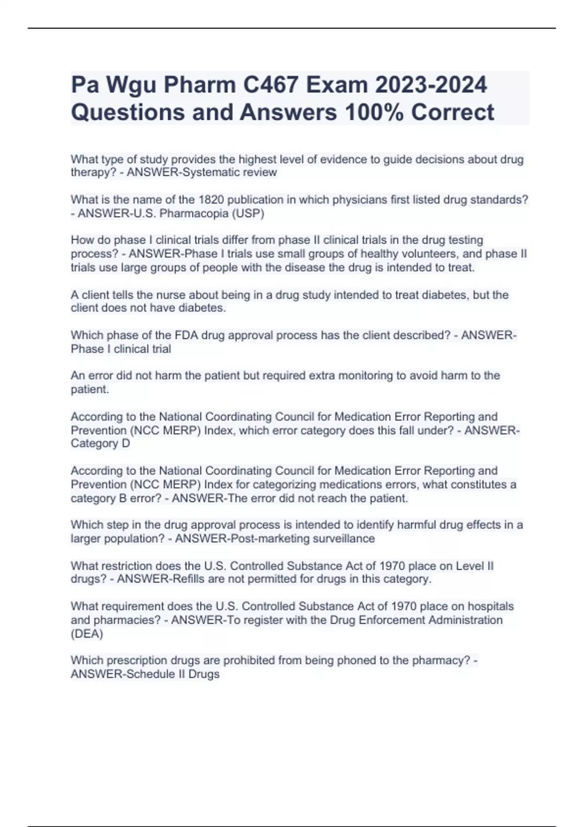 Pa Wgu Pharm C467 Exam Questions and Answers 100% Correct - Pa Wgu Pharm C467 - Stuvia US