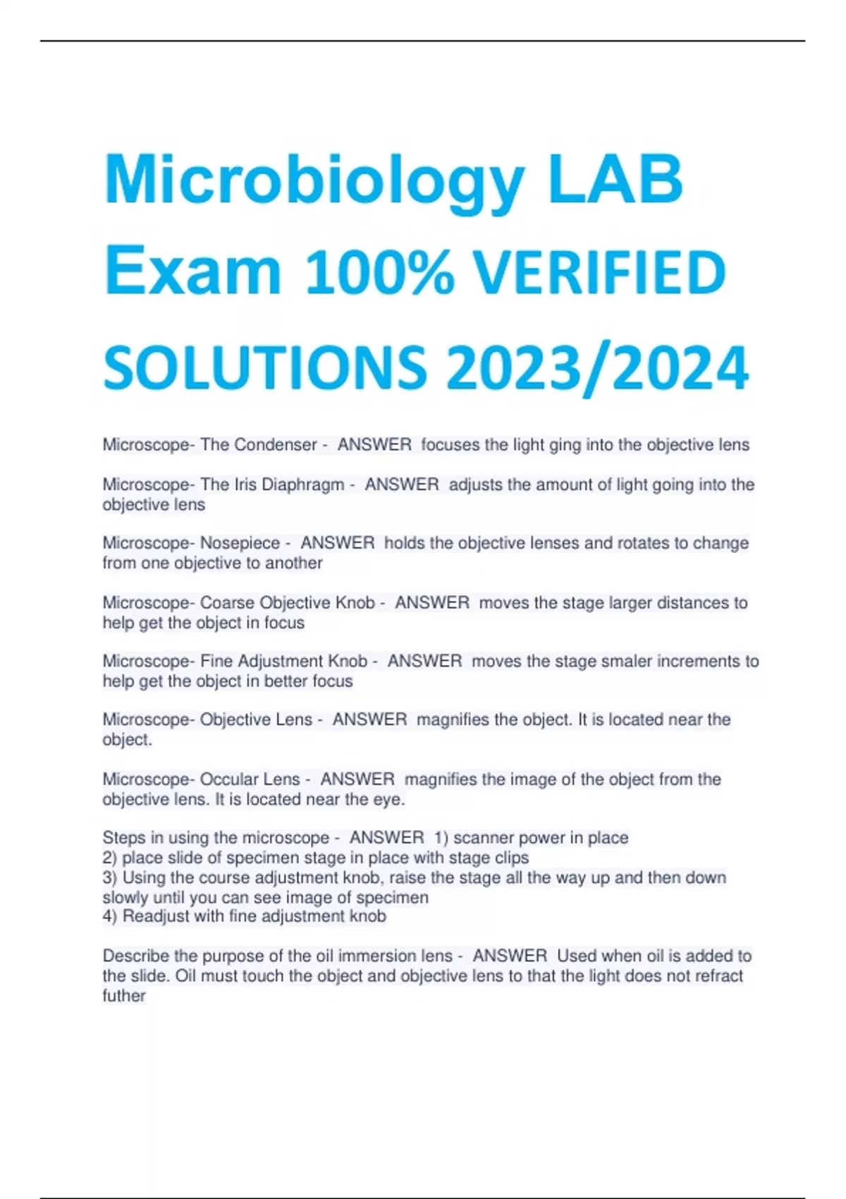 Microbiology LAB Exam 100% VERIFIED SOLUTIONS 2023/2024 - Microbiology ...