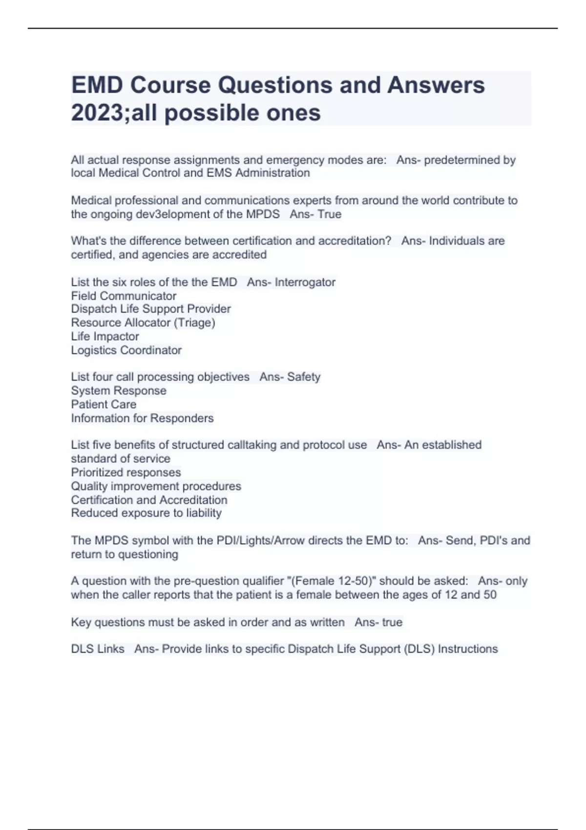 EMD Course Questions and Answers 2023;all possible ones - EMD - Emergency Medical Dispatcher ...