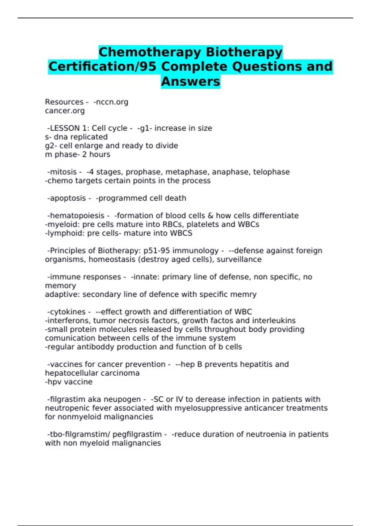 Chemotherapy Biotherapy Certification/95 Complete Questions and Answers ...