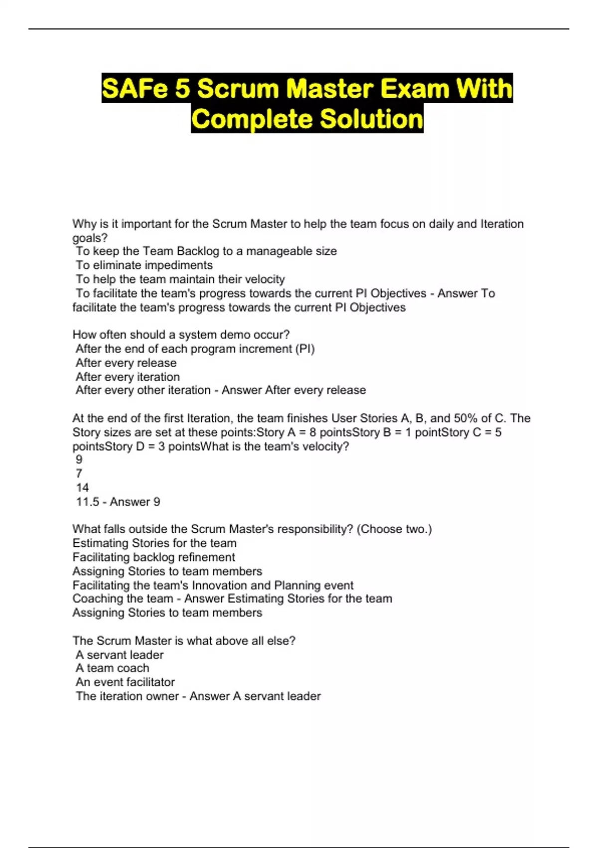 Safe 5 Scrum Master Exam With Complete Solution Safe 5 Scrum Master Stuvia Us