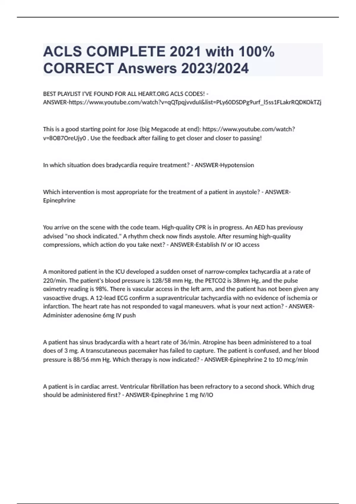 ACLS COMPLETE 2021 with 100% CORRECT Answers 2023/2024 - ACLS COMPLETE ...