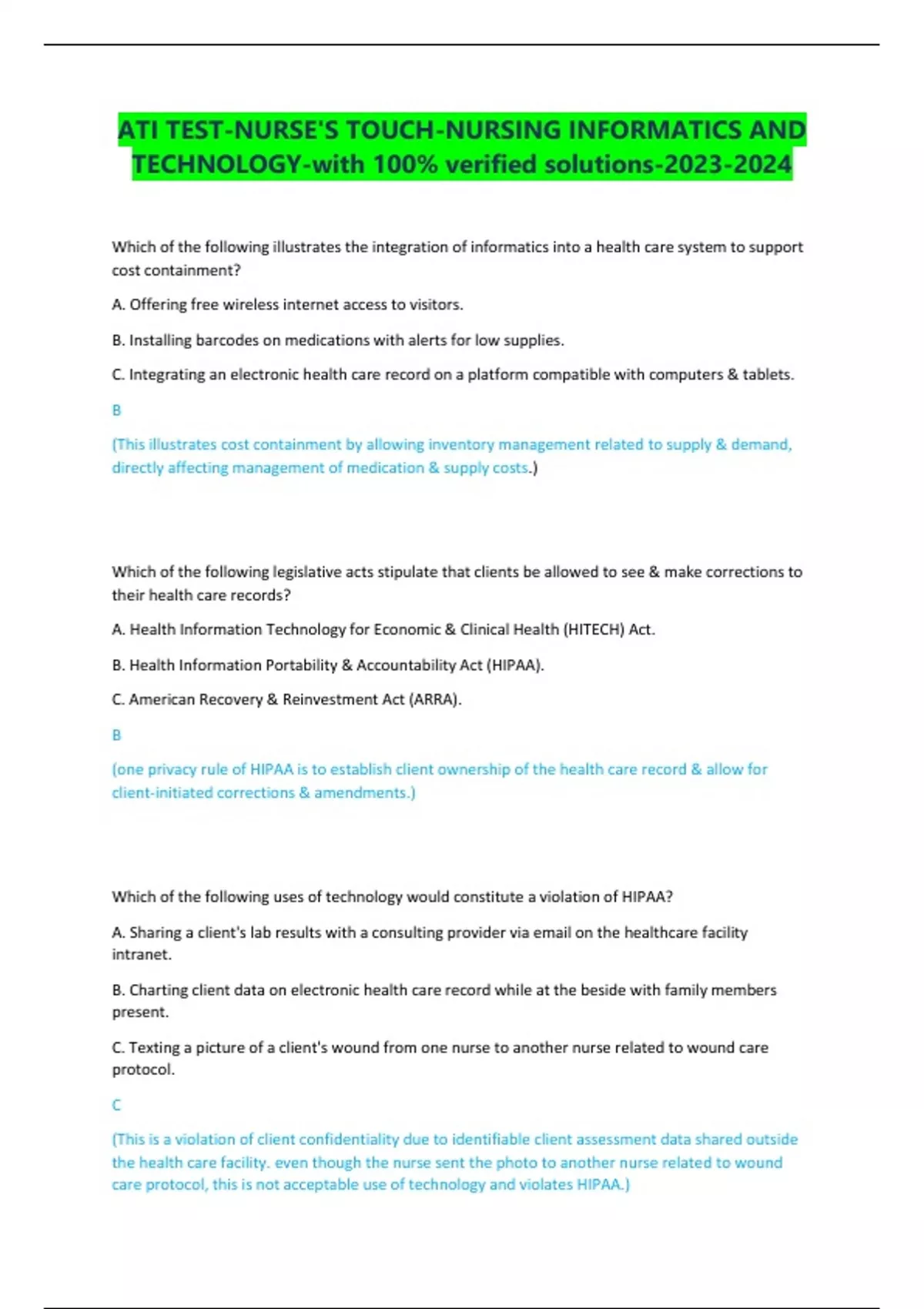 ATI TEST-NURSE'S TOUCH-NURSING INFORMATICS AND TECHNOLOGY-with 100% ...