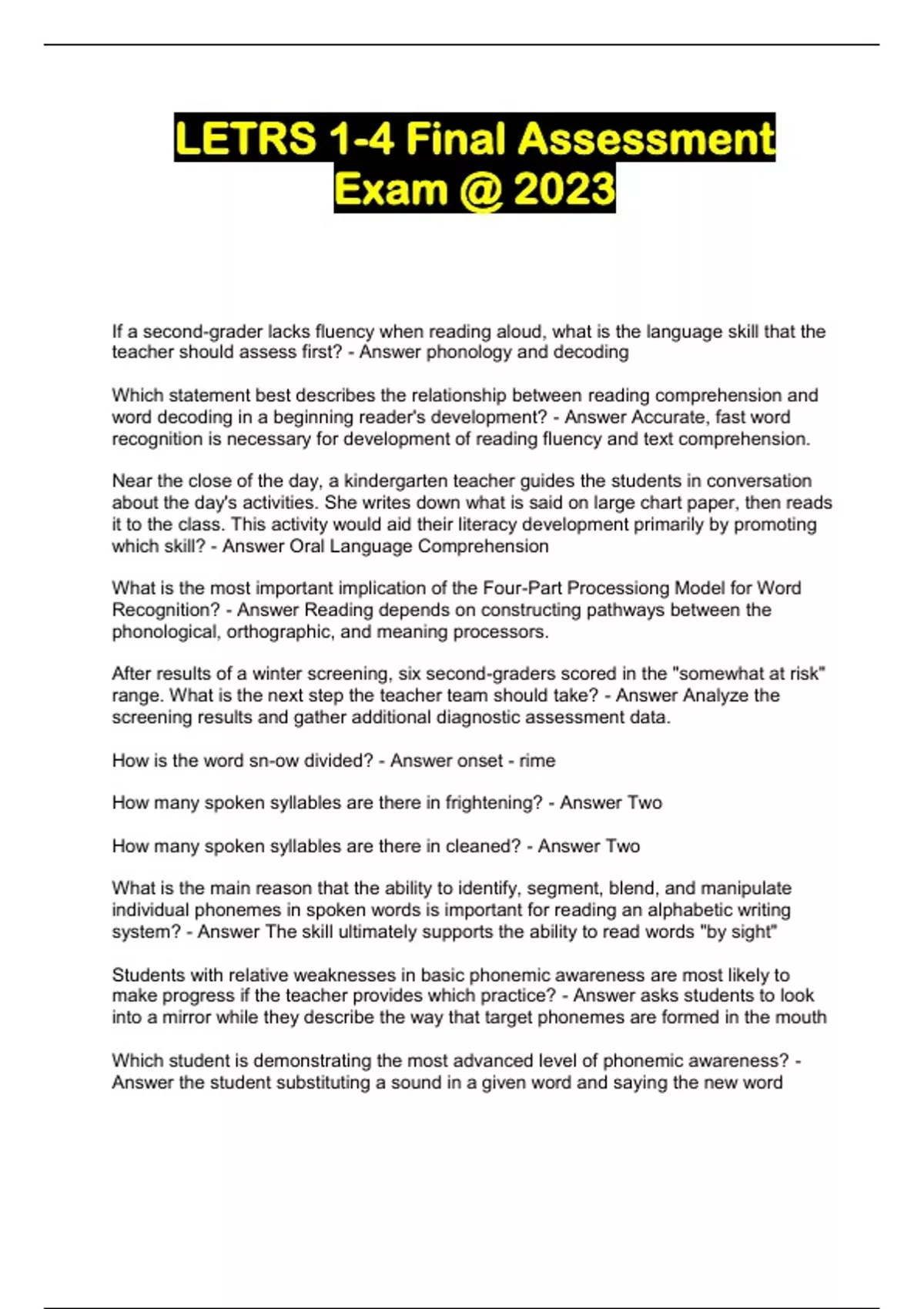 LETRS PACKAGED EXAMS WITH COMPLETE SOLUTION - Stuvia US