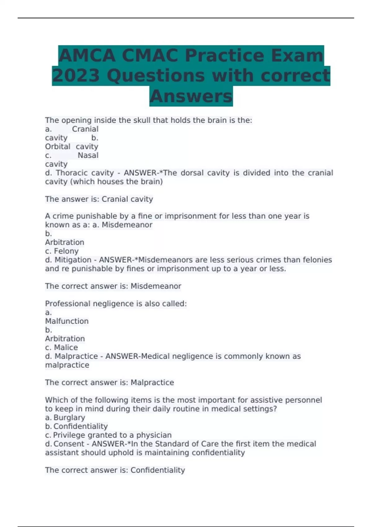 AMCA CMAC Practice Exam 2023 Questions with correct Answers - AMCA CMAC ...