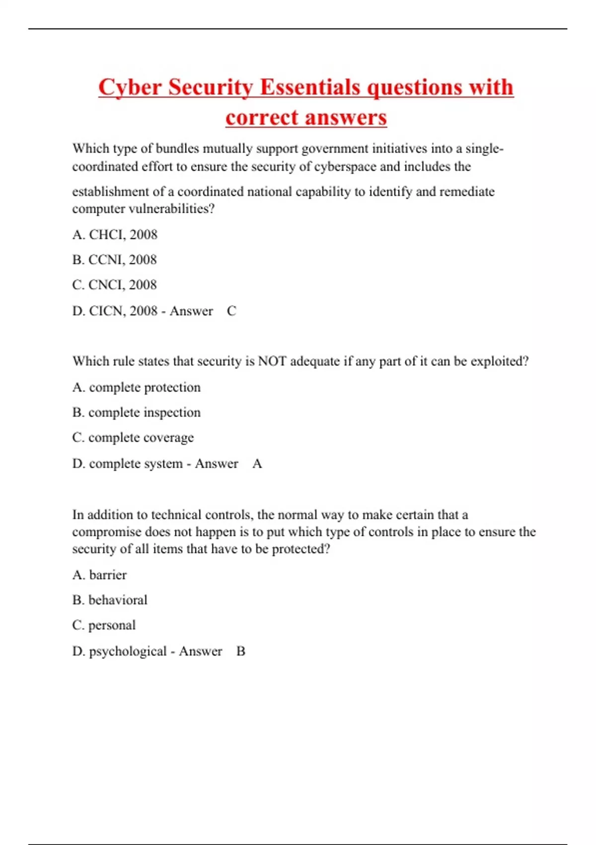 Cyber Security Essentials questions with correct answers - Cyber Security Specialist - Stuvia US