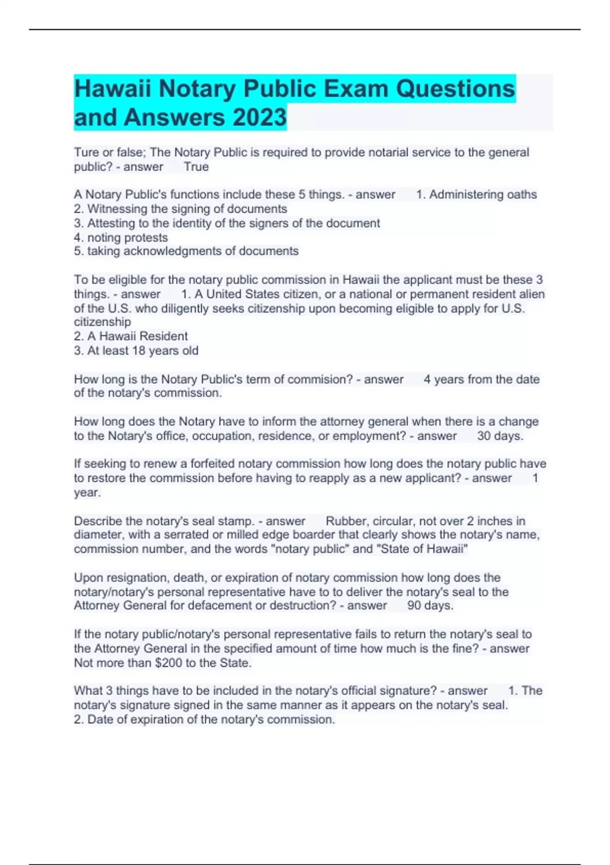 Hawaii Notary Public Exam Questions and Answers 2023 - Hawaii notary ...