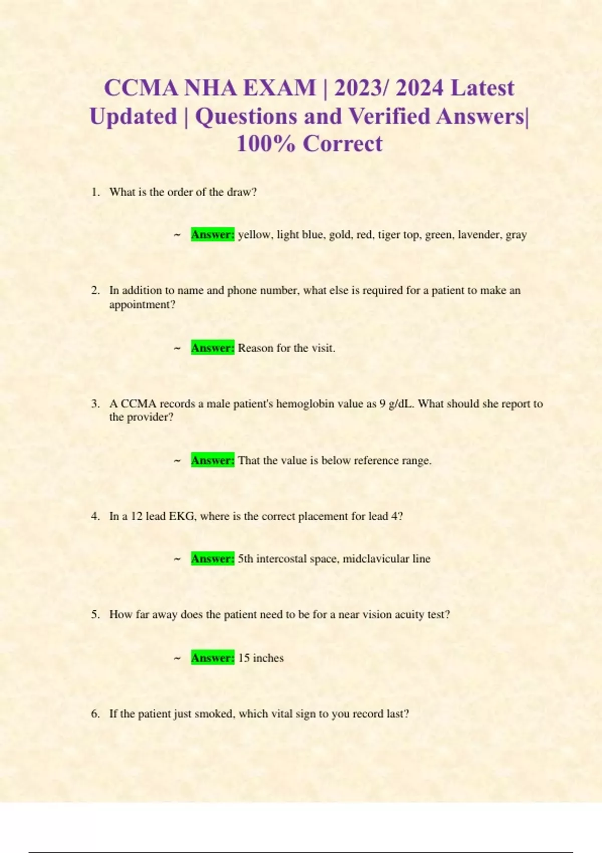 CCMA NHA EXAM | 2023/ 2024 Latest Updated | Questions and Verified ...