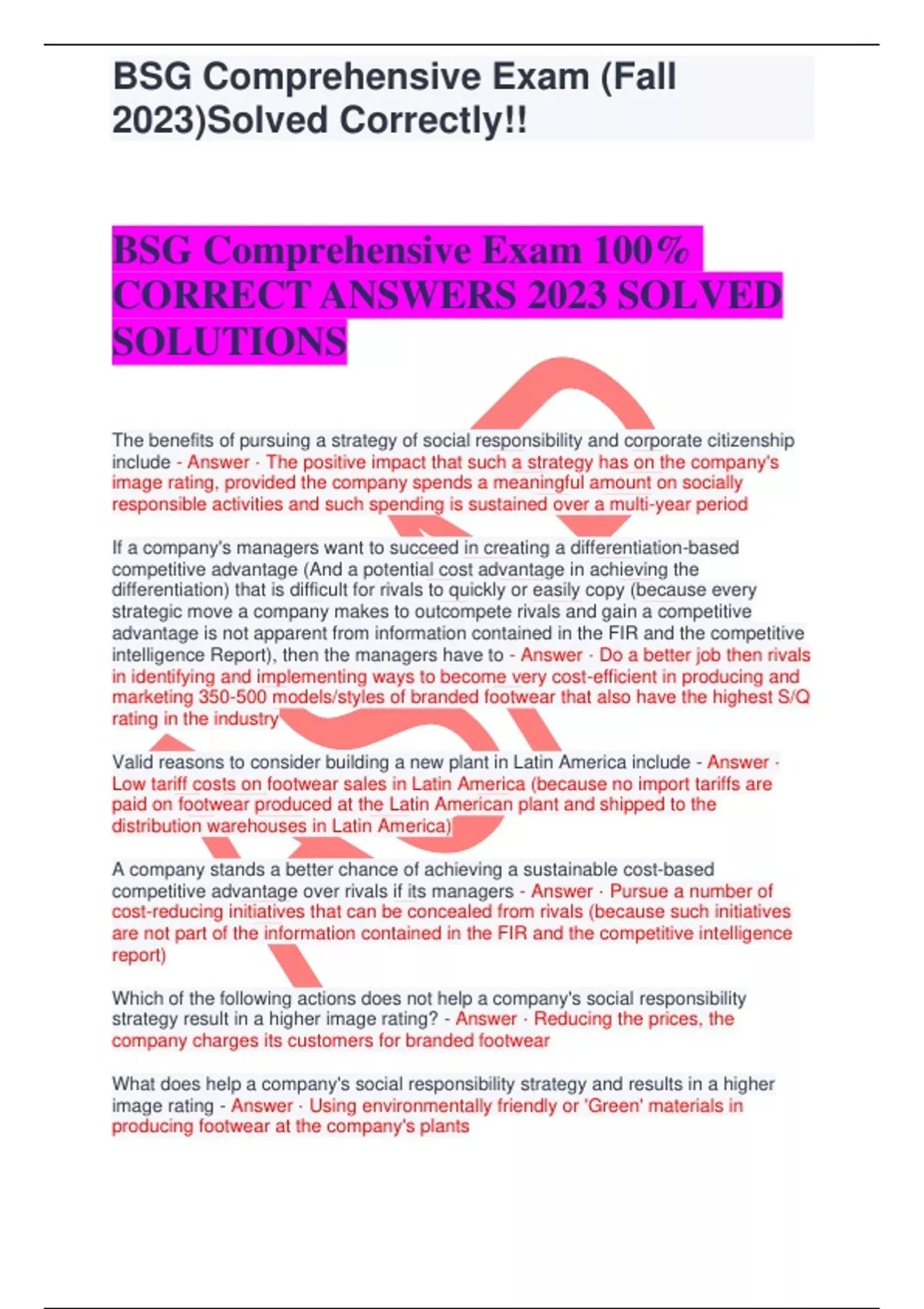 BSG Comprehensive Exam 100% CORRECT ANSWERS 2023 SOLVED SOLUTIONS - BSG Comprehensive - Stuvia US