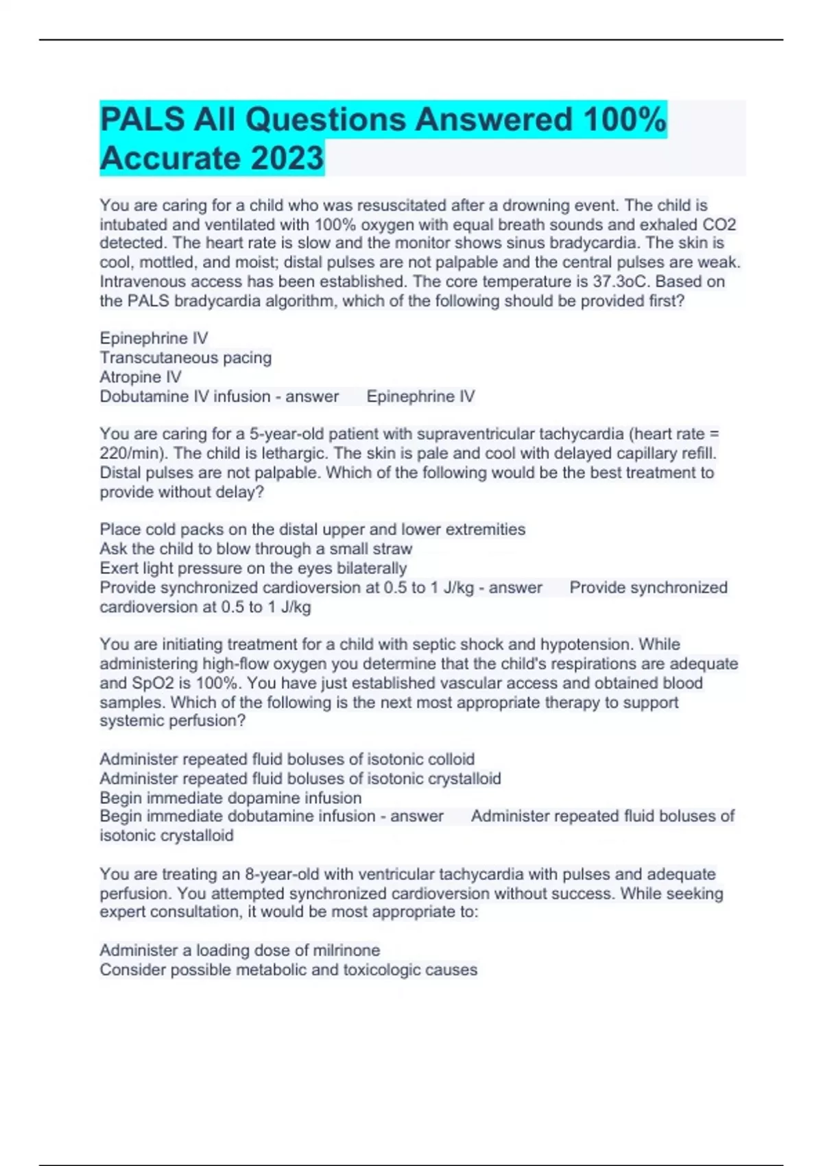 PALS All Questions Answered 100% Accurate 2023 - AHA PALS - Stuvia US