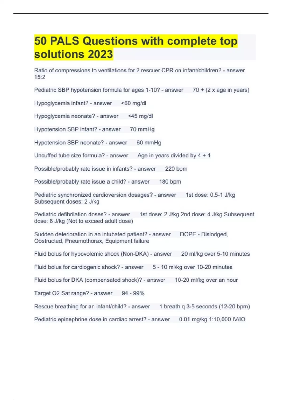 50 PALS Questions with complete top solutions 2023 - AHA PALS - Stuvia US