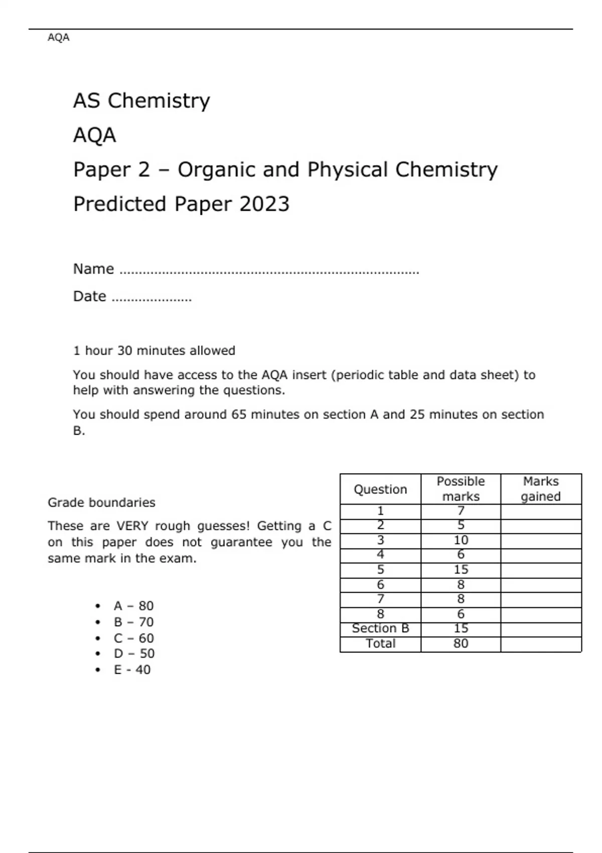 AQA AS Chemistry Paper 2 Predicted Paper 2023 – Organic and Physical ...