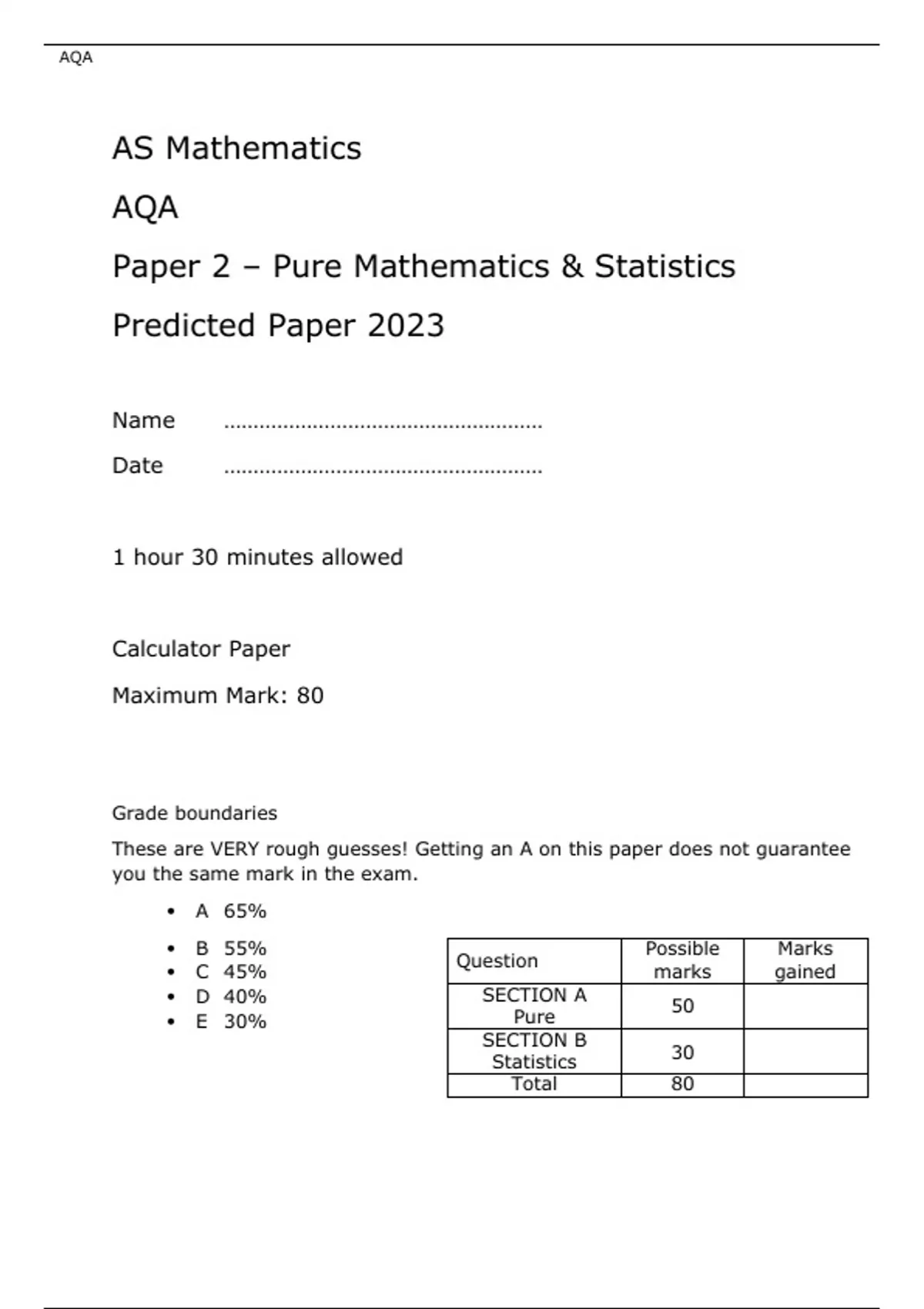 AQA AS Mathematics Paper 2 Predicted Paper 2023 – Pure Mathematics ...