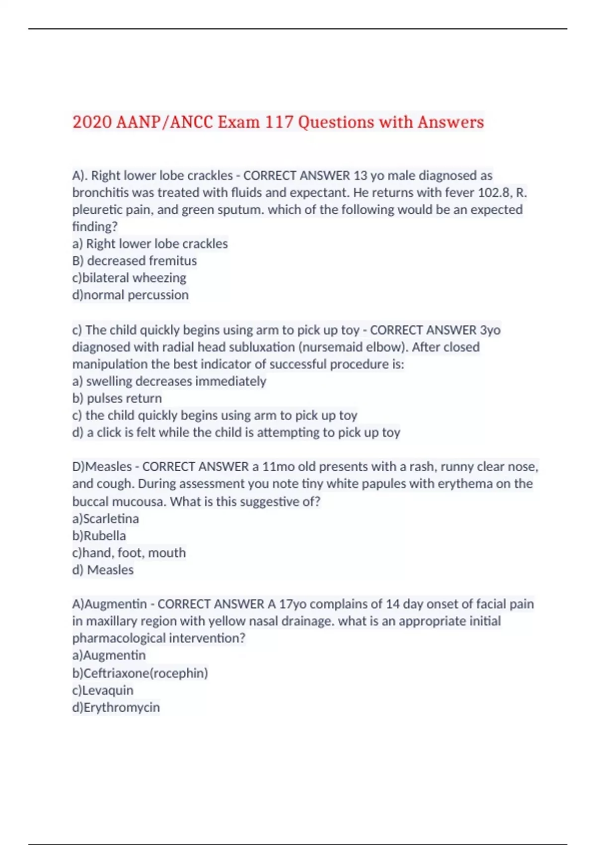 2020 AANP/ANCC Exam 117 Questions with Answers,100% CORRECT - 2020 AANP ...