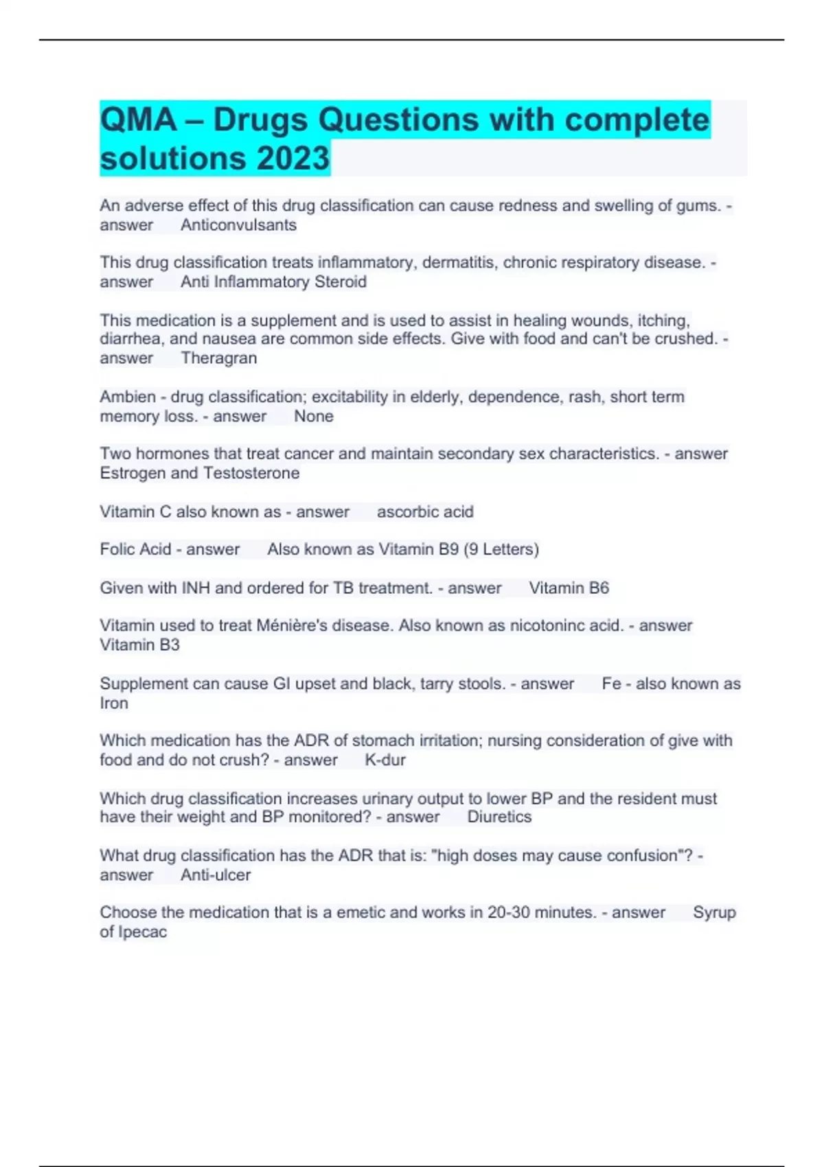 QMA – Drugs Questions with complete solutions 2023 - QMA - Stuvia US