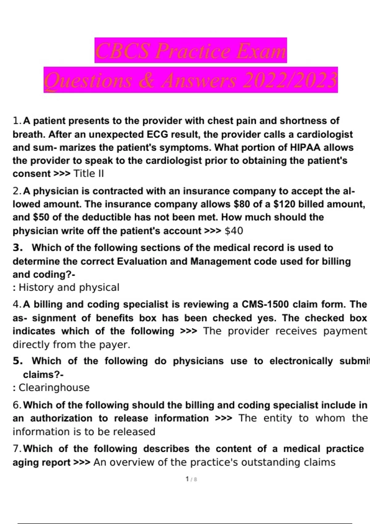 NHA Billing and Coding practice test CBCS 2022 Questions and answers ...