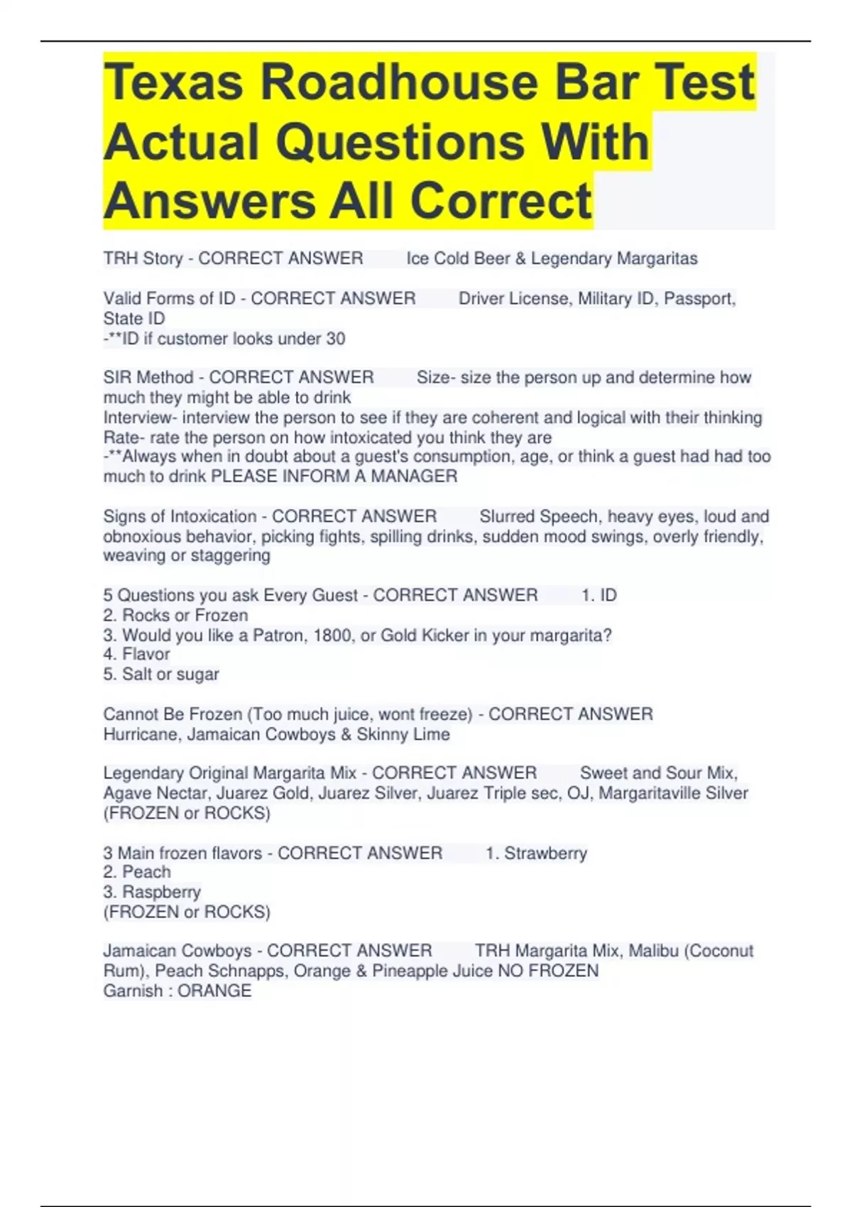 Texas Roadhouse Bar Test Actual Questions With Answers All Correct ...