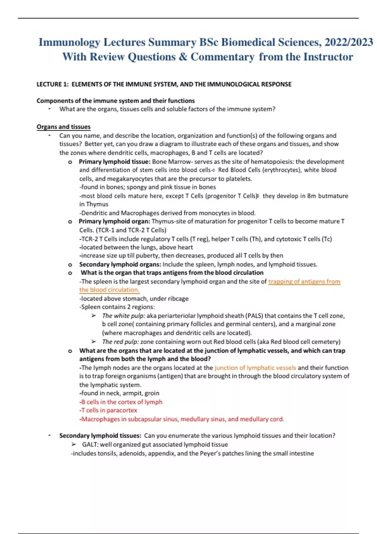 Immunology Lectures Summary BSc Biomedical Sciences, 2022/2023 With Review Questions ...