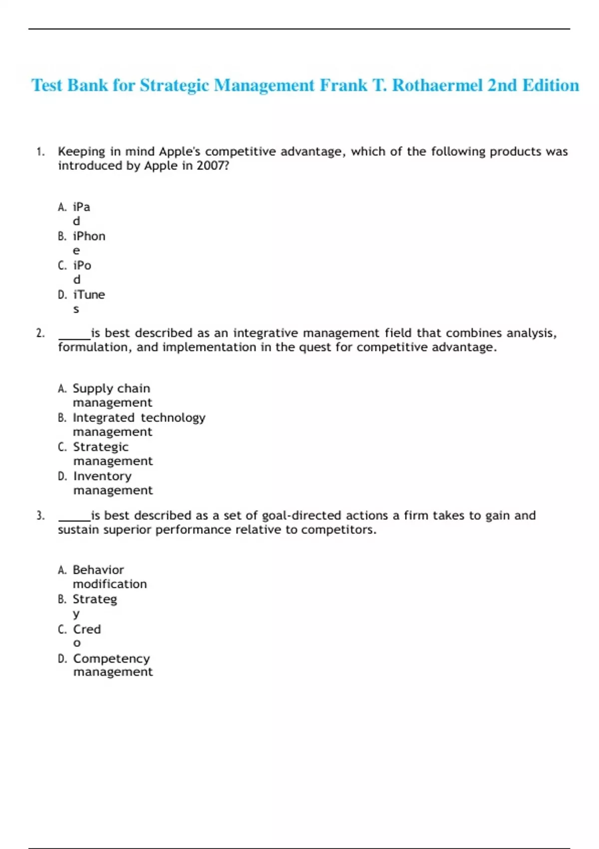 Test Bank for Strategic Management Frank T. Rothaermel 2nd Edition ...