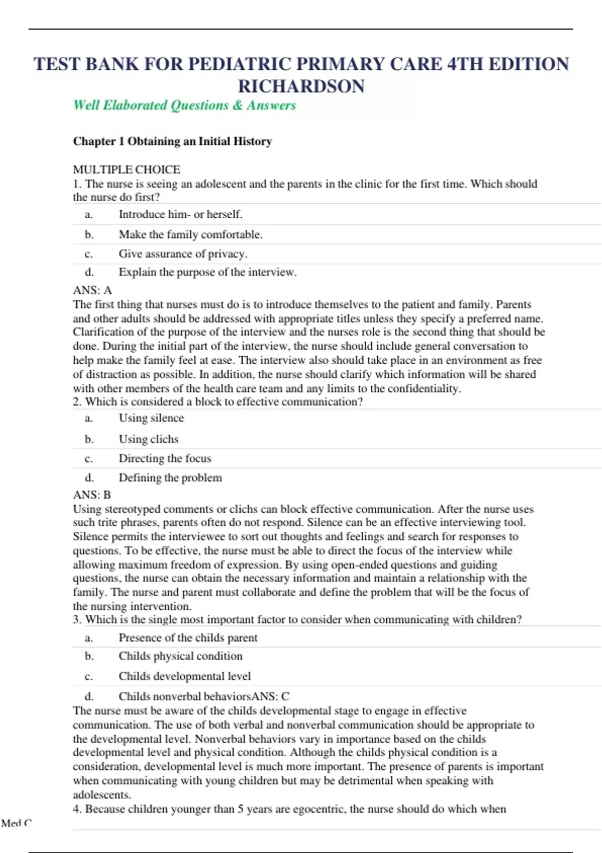TEST BANK FOR PEDIATRIC PRIMARY CARE 4TH EDITION RICHARDSON TEST BANK ...