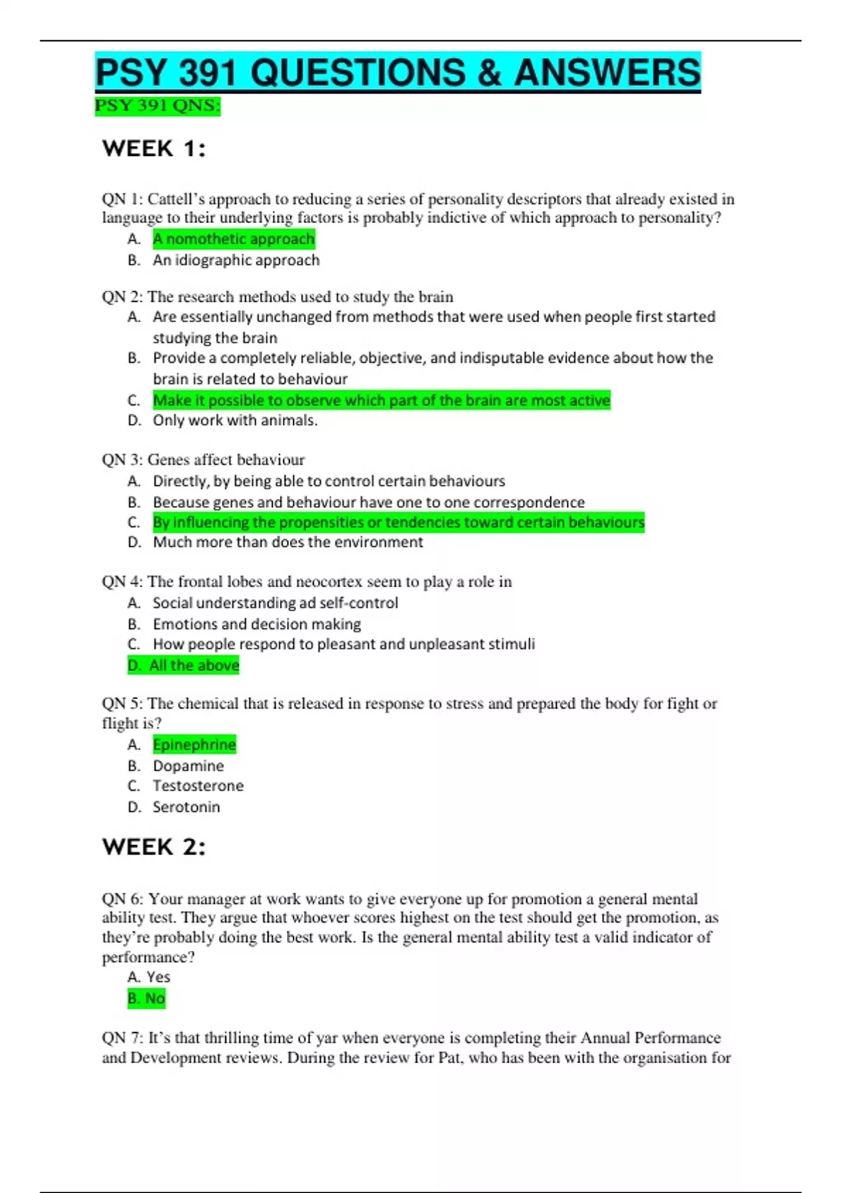PSY 391 QUESTIONS & ANSWERS rated A+ PSY 391 QUESTIONS & ANSWERS rated ...