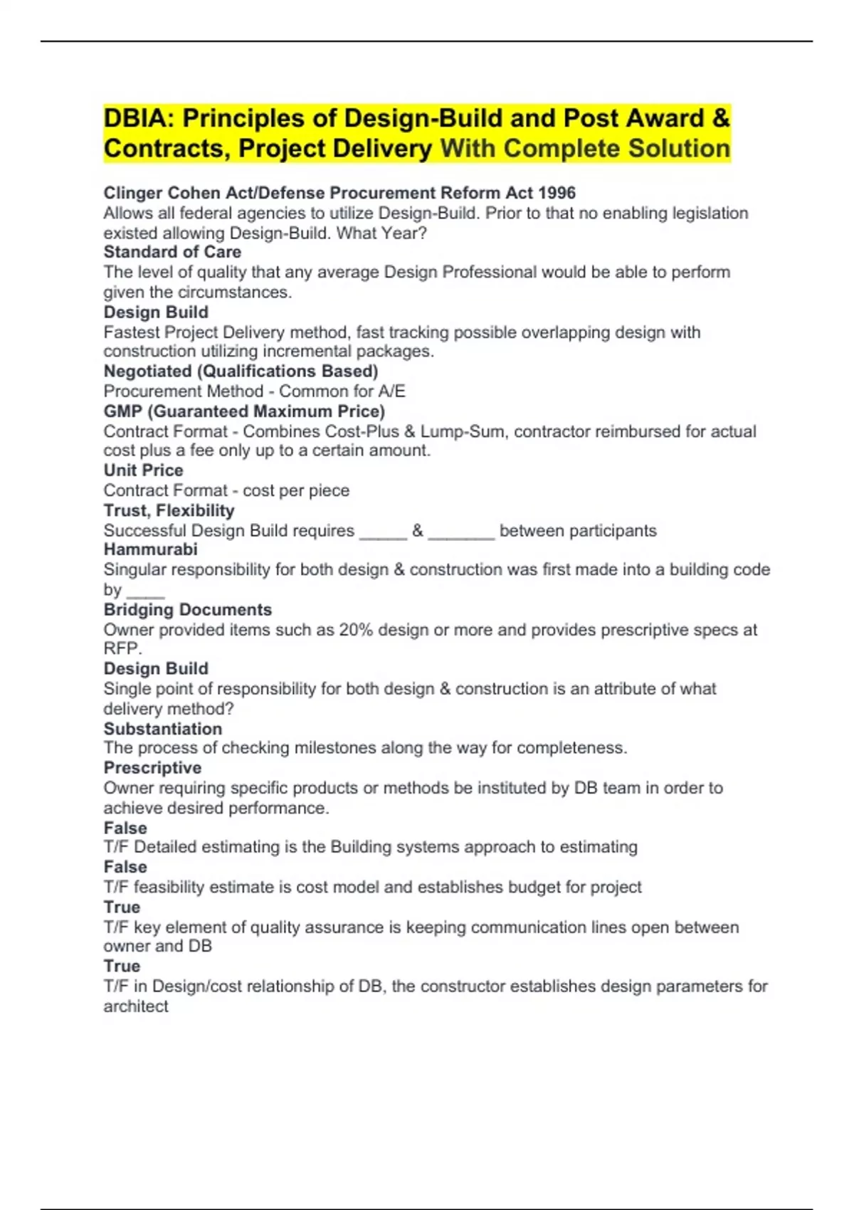 DBIA: Principles of Design-Build and Post Award & Contracts, Project ...