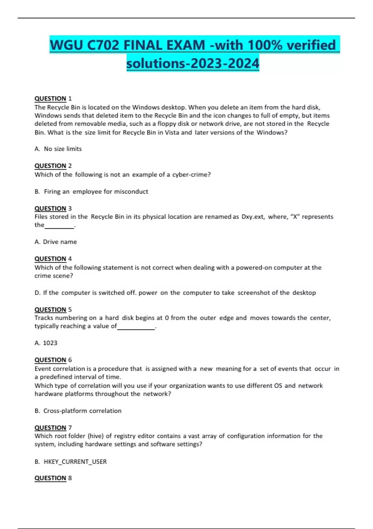 WGU C702 FINAL EXAM -with 100% verified solutions- - WGU C702 CHFI And ...