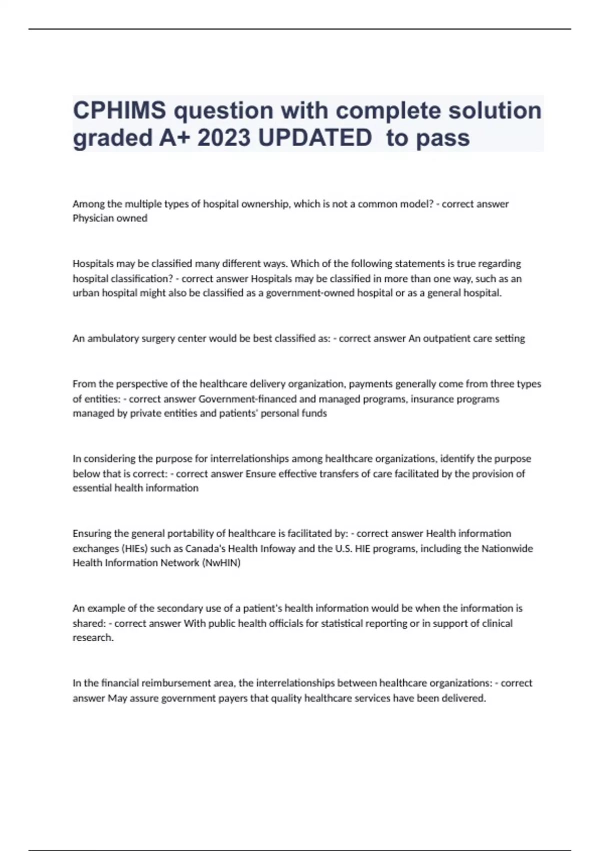 CPHIMS question with complete solution graded A+ 2023 UPDATED to pass ...