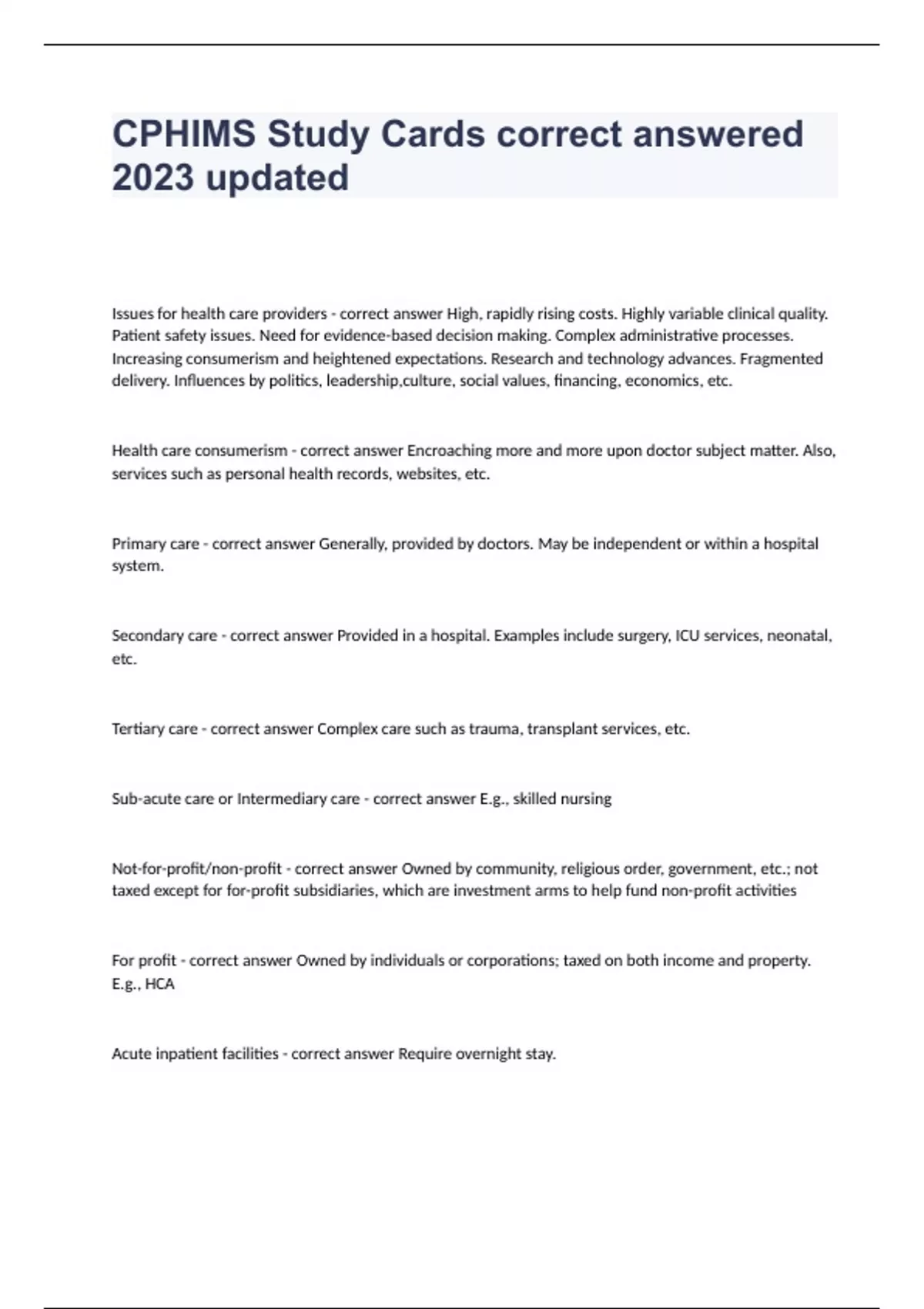 CPHIMS Study Cards correct answered 2023 updated - CPHIMS - Stuvia US