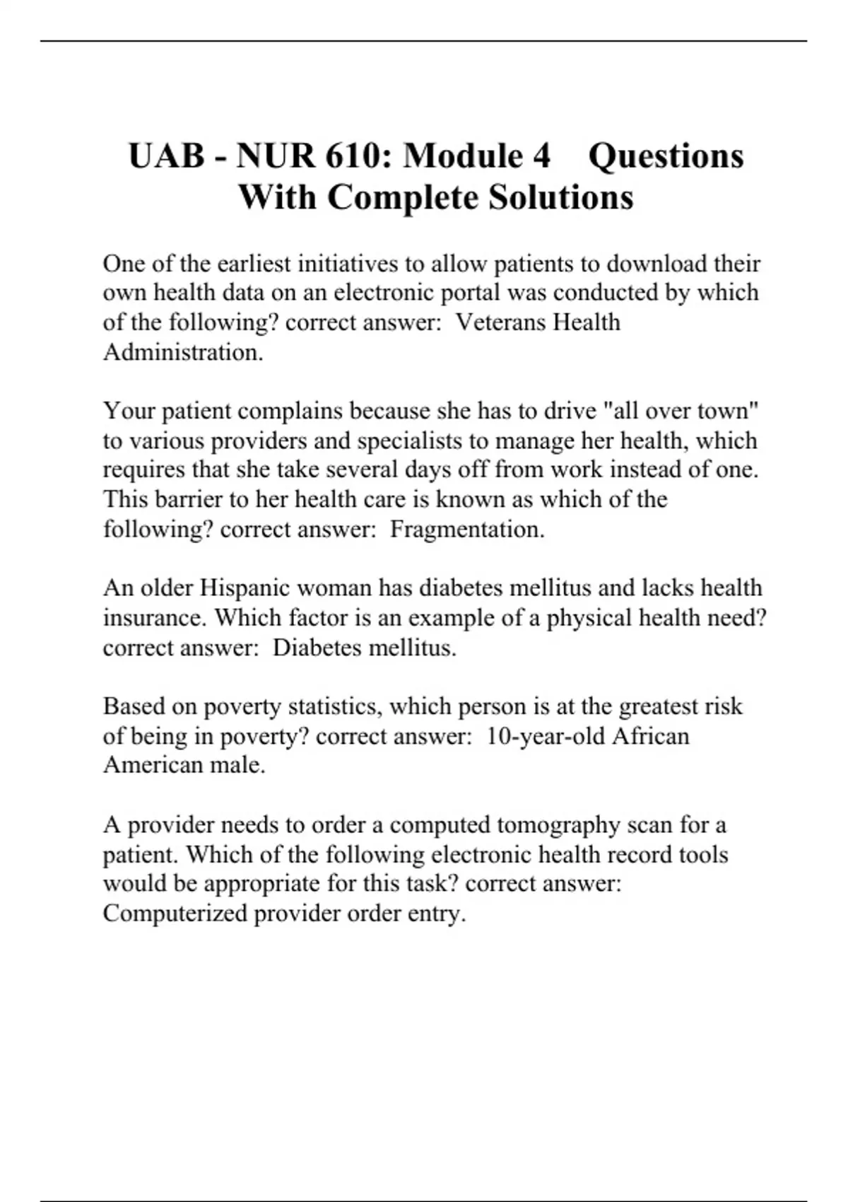 Uab Nur 610 Module 4 Questions With Complete Solutions Nur 610 Stuvia Us